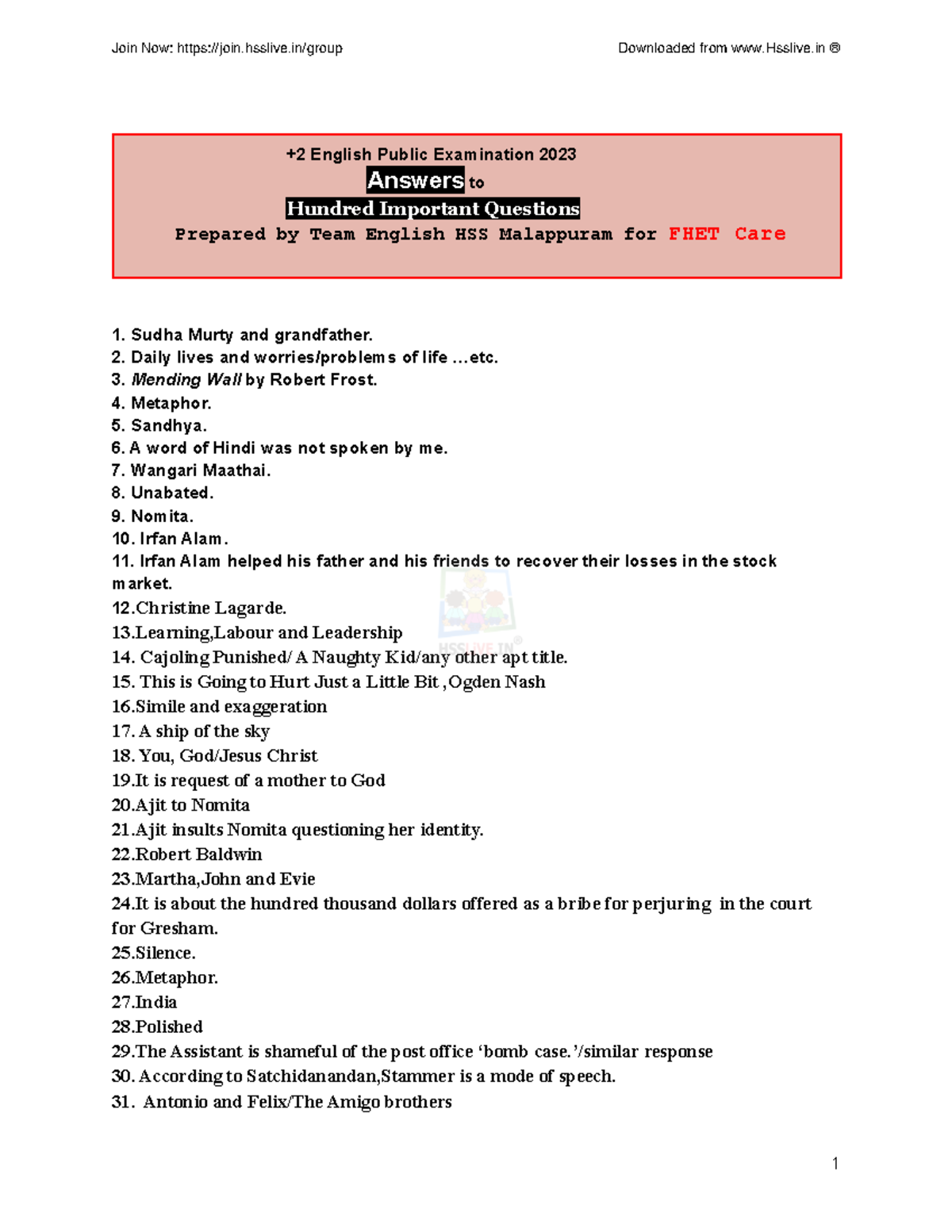 Hsslive xii english Hundred imp Questions answers 2023 - +2 English ...