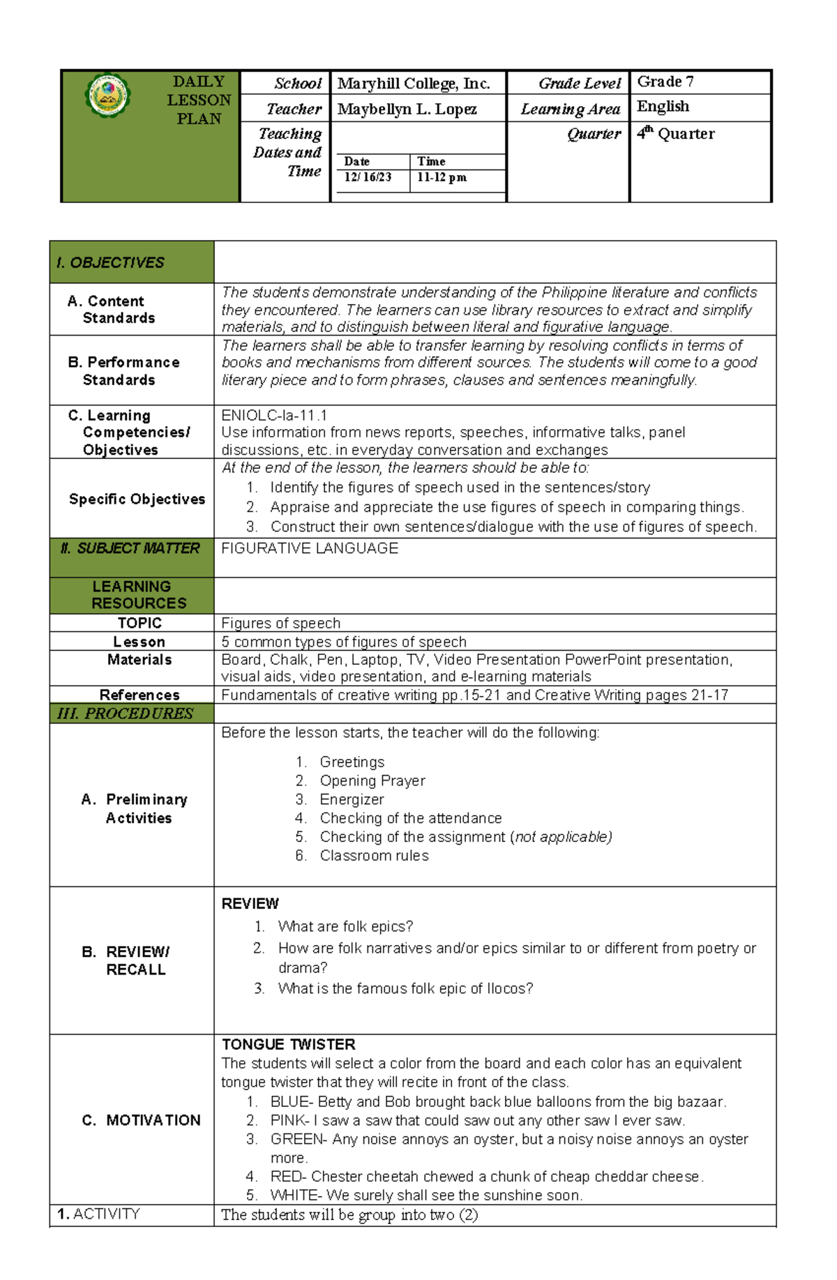 Lp-miss-tadong - LESSON PLAN - DAILY LESSON PLAN School Maryhill ...