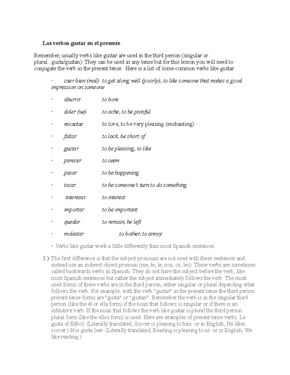 Verbos como gustar en el presente - Los verbos gustar en el presente ...