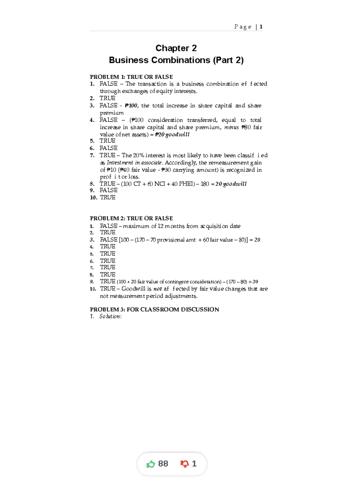 Combi - C2 - Sol Man - Chapter 2 Business Combinations (Part 2) PROBLEM 1:TRUEORFALSE 1. FALSE ...