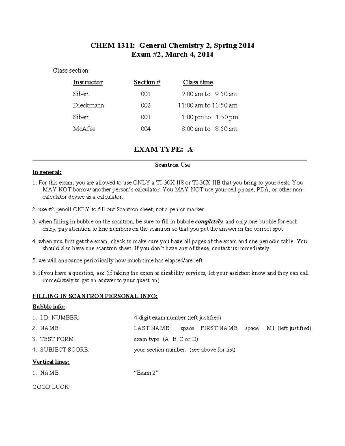 S14 Key Exam2 v A - CHEM 1311: General Chemistry 2, Spring 2014 Exam #2 ...