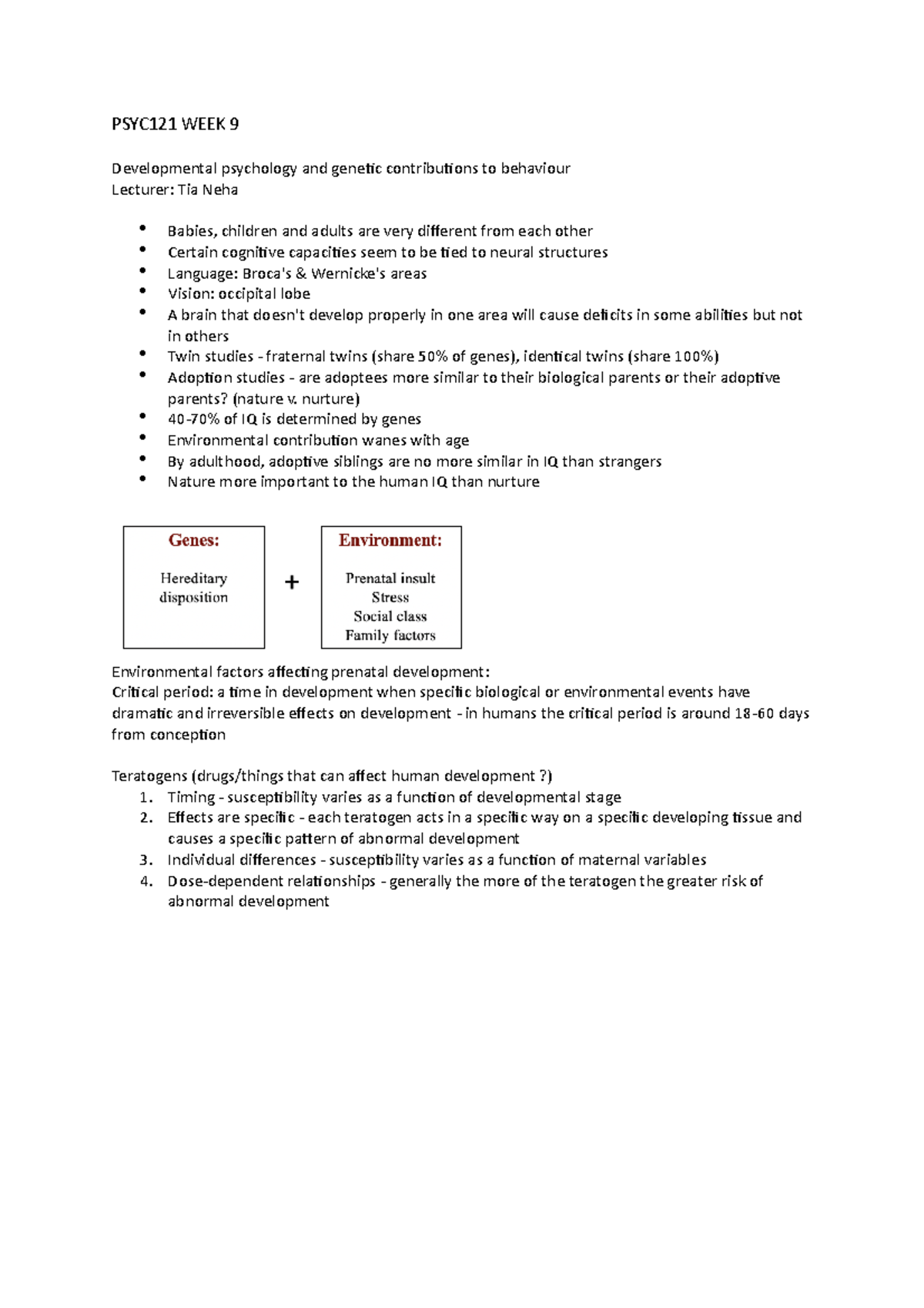 PSYC121 Lecture Notes Week 9 - PSYC121 WEEK 9 Developmental psychology ...
