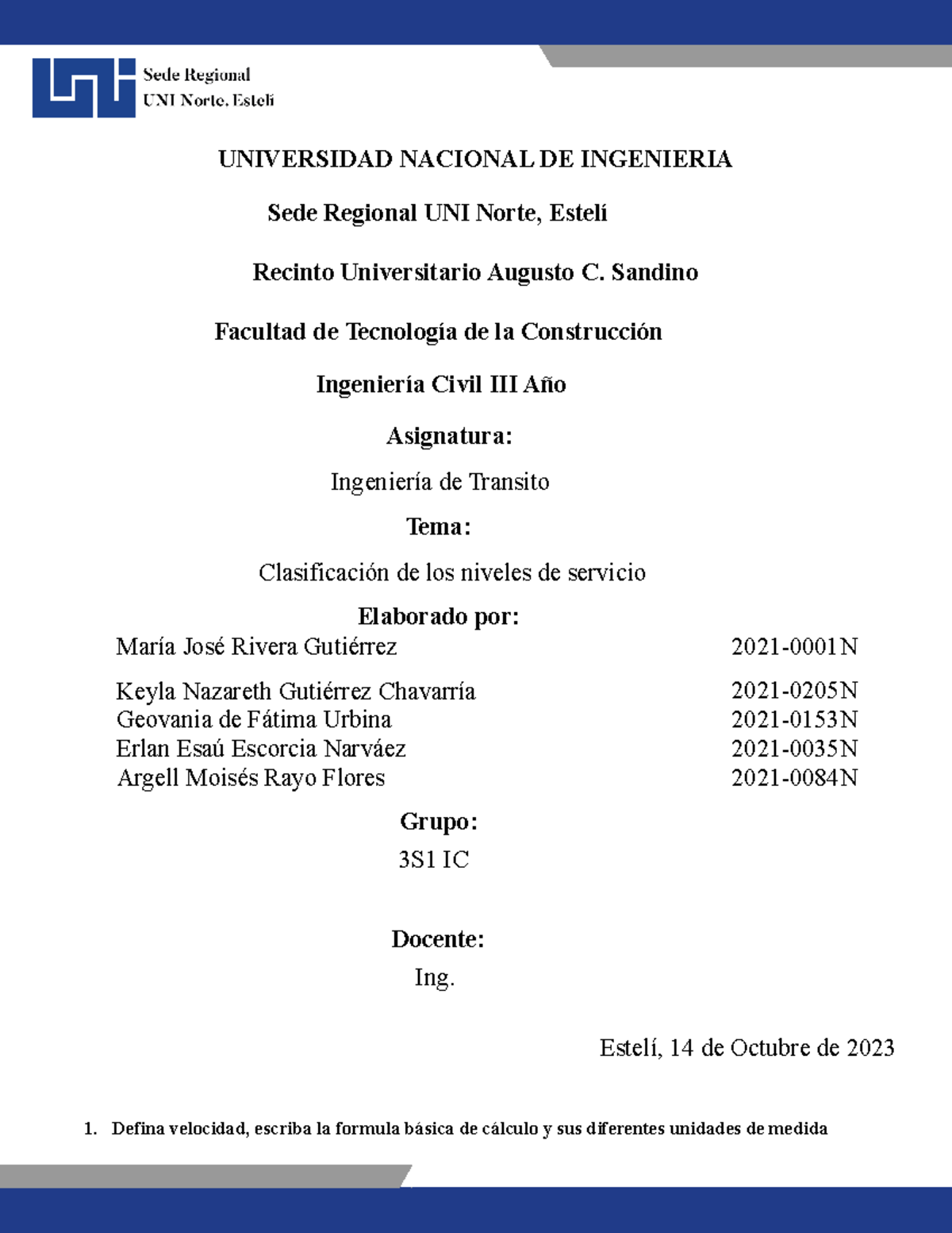 Velocidad - Flujo vehicular - UNIVERSIDAD NACIONAL DE INGENIERIA Sede ...