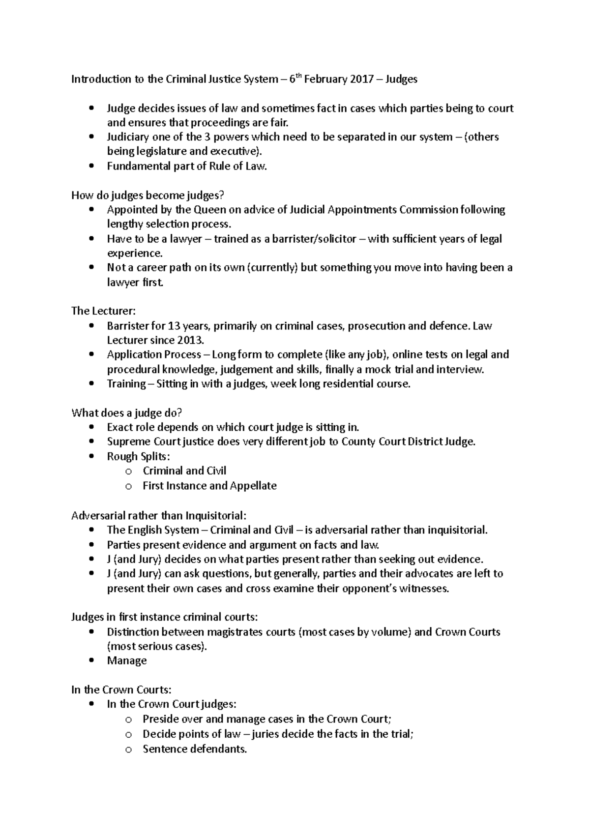 6th Feb 2017 – Judges - Introduction to the Criminal Justice System ...