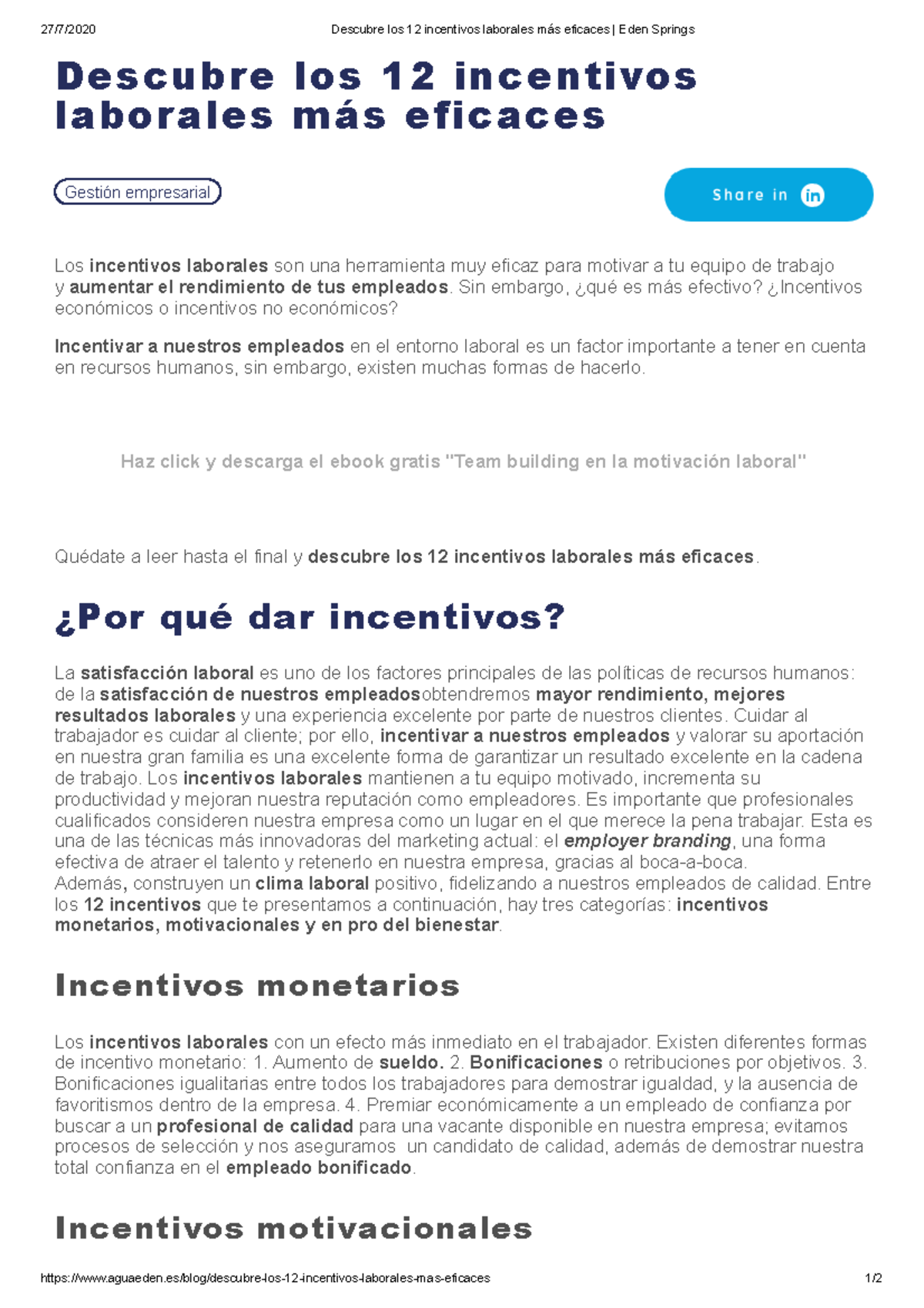 Descubre los 12 incentivos laborales más eficaces Eden Springs - Sin ...