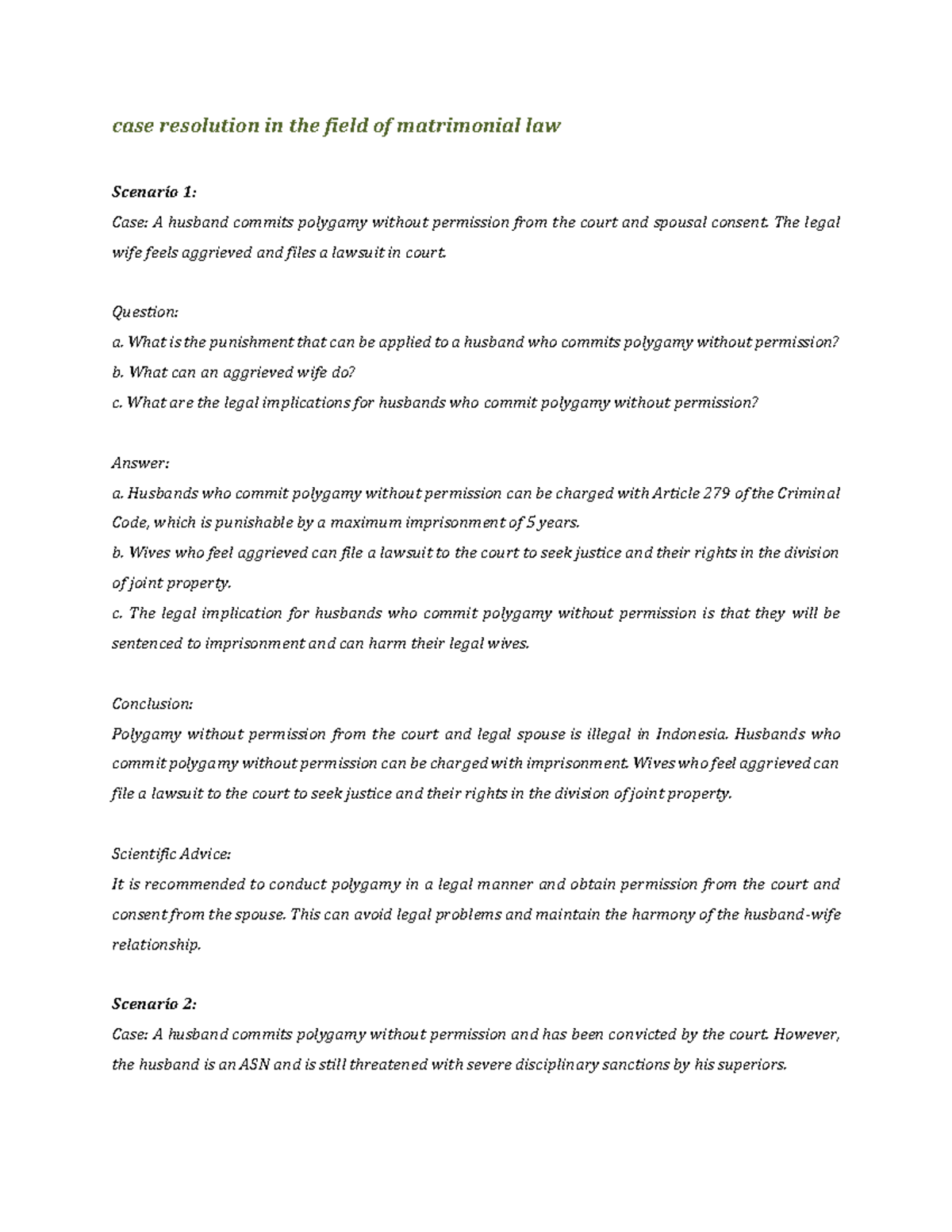 Family and matrimonial law case scenario 9 - case resolution in the ...