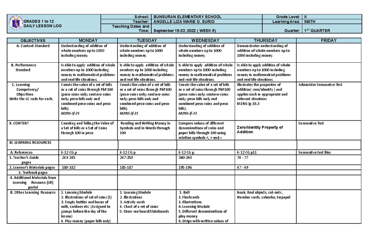 DLL MATH 2 Q1 W5 D1 - For lesson plan ideas - GRADES 1 to 12 DAILY LESSON LOG School: BUNSURAN ...