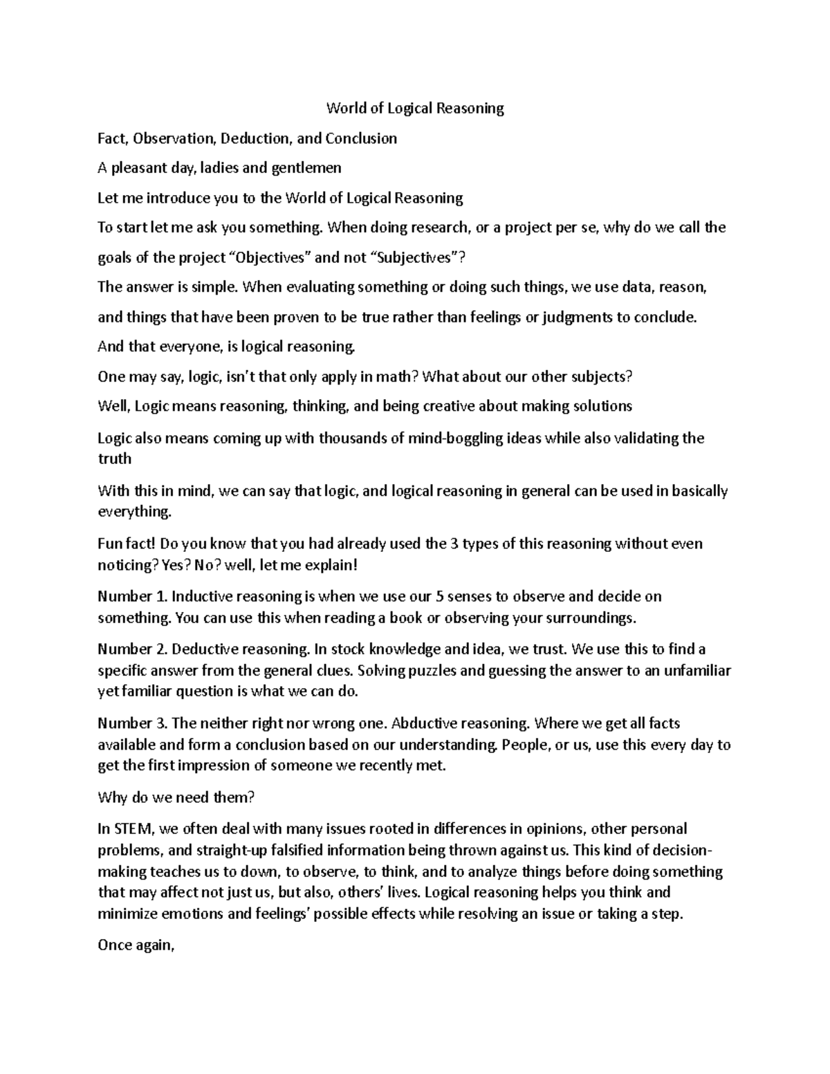 World of Logical Reasoning g11 - World of Logical Reasoning Fact ...