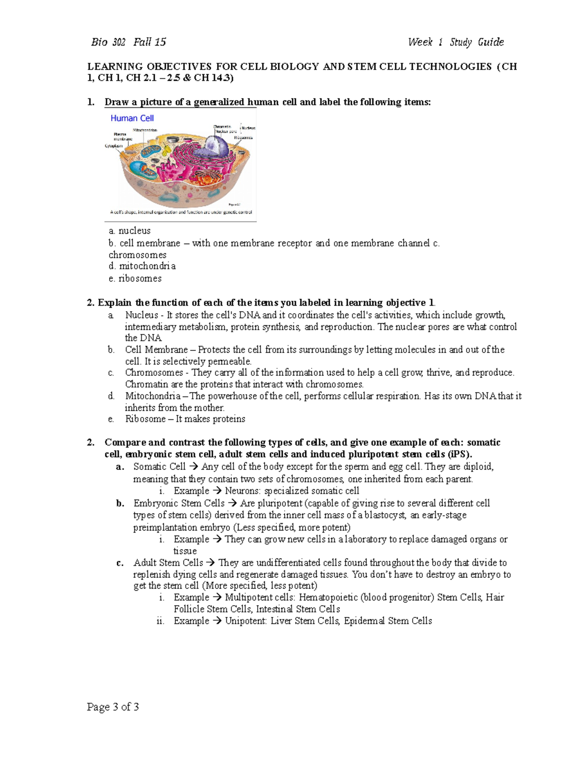 Human Genetics Study Guide #1 - LEARNING OBJECTIVES FOR CELL BIOLOGY ...