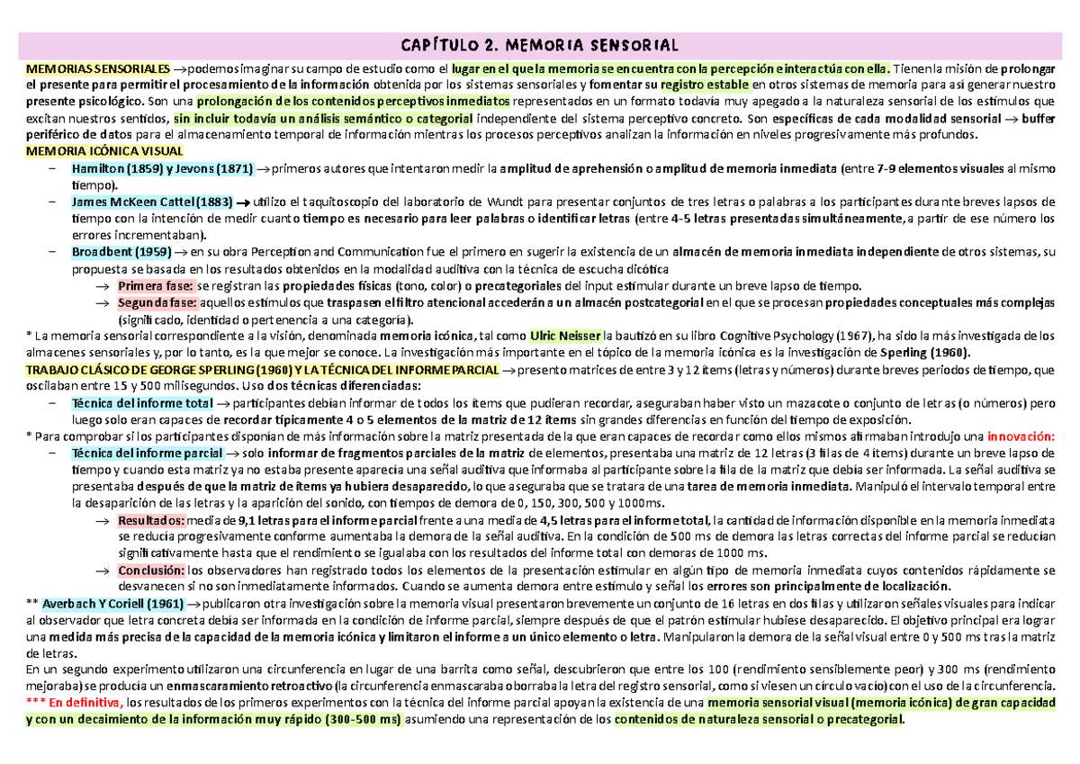 Esquema CAP 2 - CAPÍTULO 2. MEMORIA SENSORIAL MEMORIAS SENSORIALES → podemos imaginar su campo ...