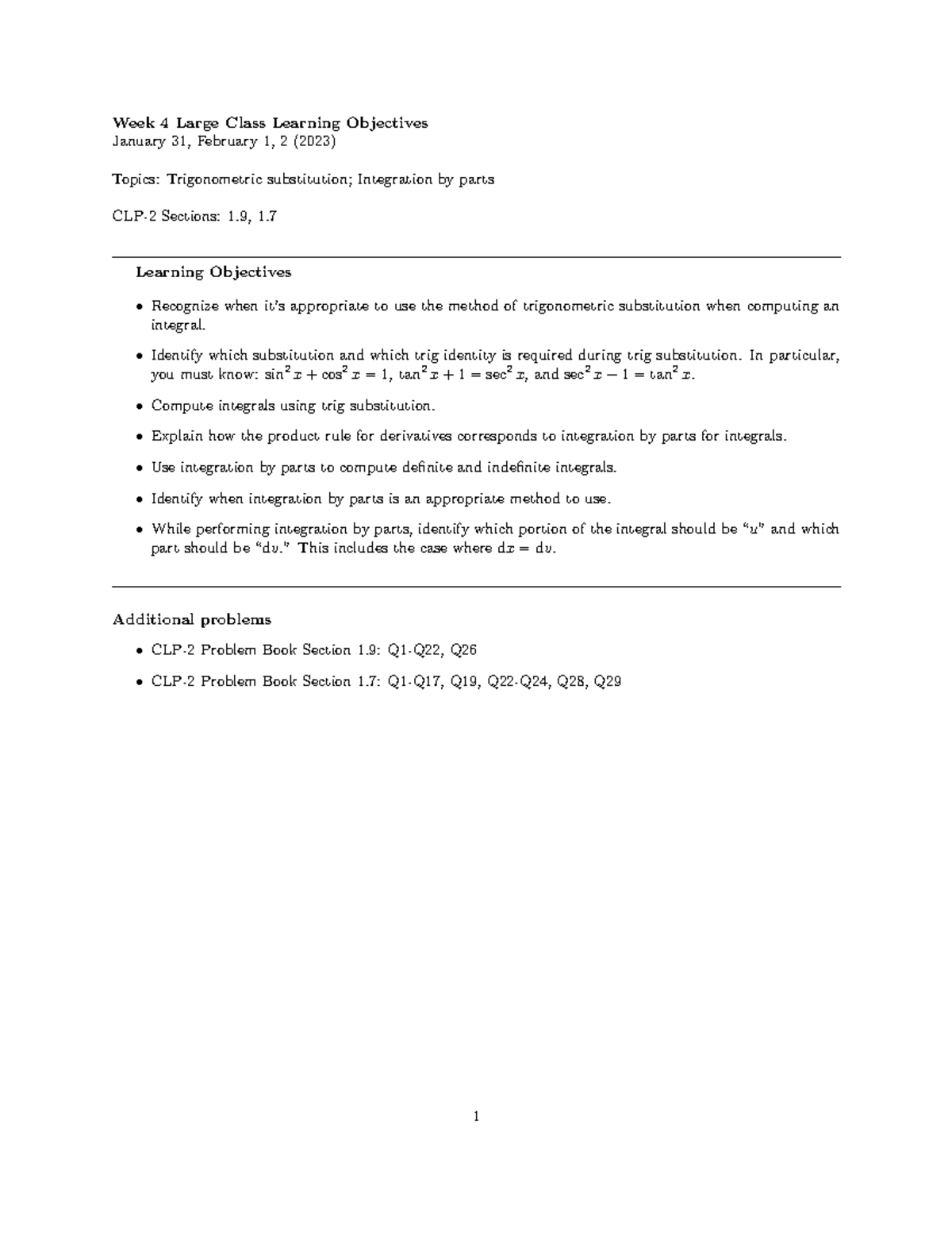 Week4 Large Class Learning Objectives - Week 4 Large Class Learning Objectives January 31 ...