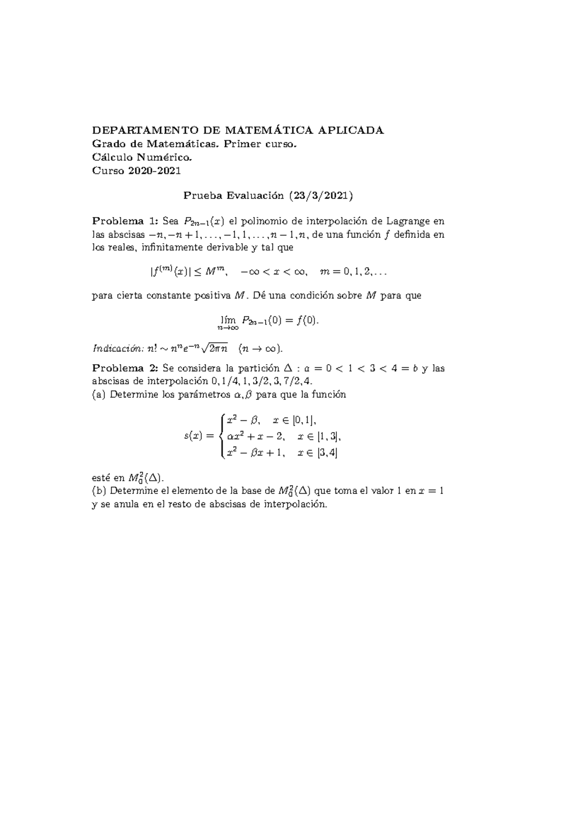 Examen Calculo Numerico 23 Marzo - DEPARTAMENTO DE MATEM ́ATICA ...