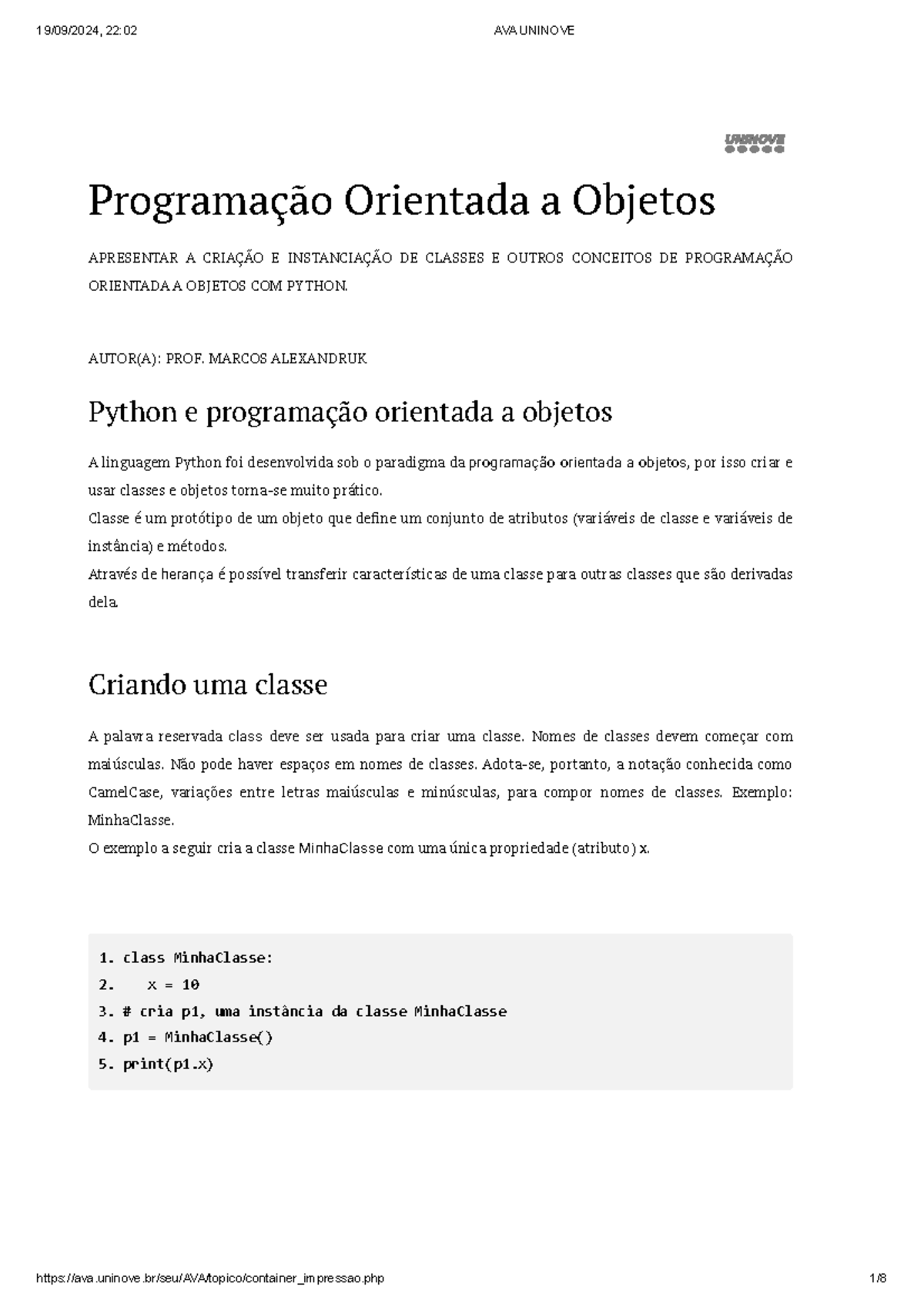 Orientação a ovjetos - Programação Orientada a Objetos APRESENTAR A ...