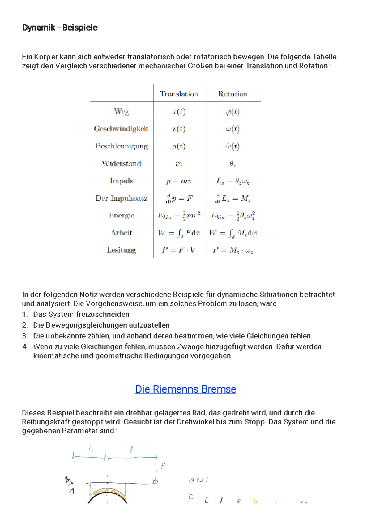 Dynamik - Beispiele - Die folgende Tabelle zeigt den Vergleich ...