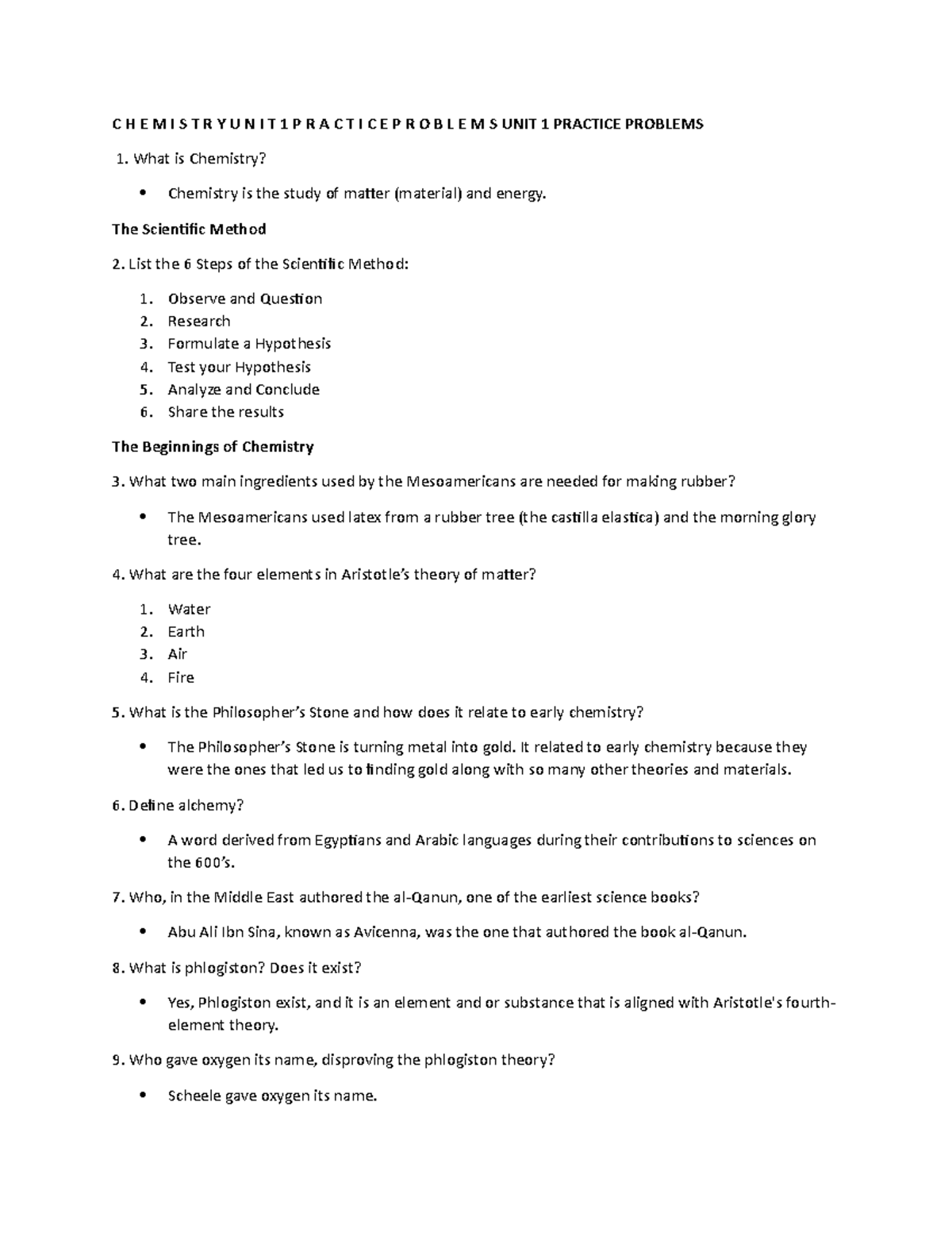 Unit 1 Practice Problems CHEM - C H E M I S T R Y U N I T 1 P R A C T I ...