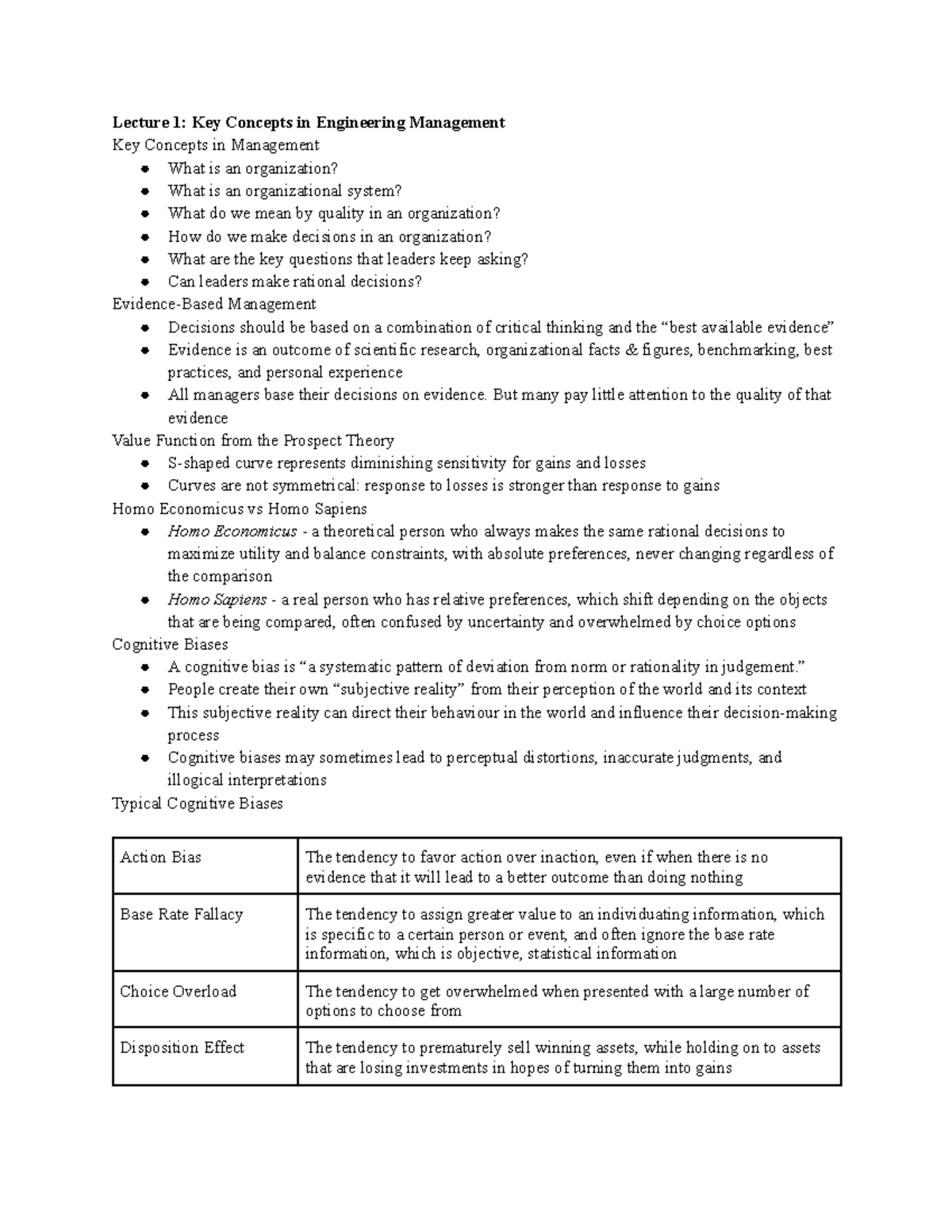 Midterm Notes Lecture 1 Lecture 2 Lecture 1 Key Concepts In Engineering Management Key