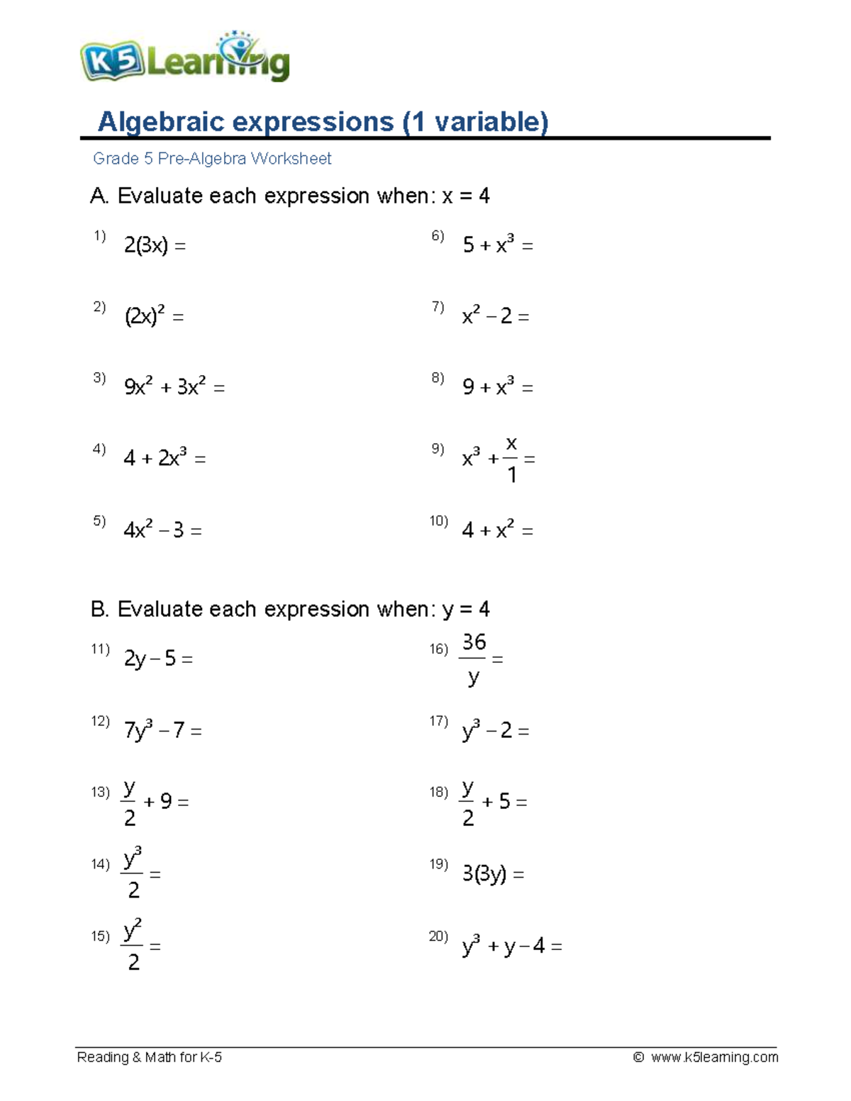 5 - Algebra - Reading & Math for K-5 © k5learning Algebraic expressions ...