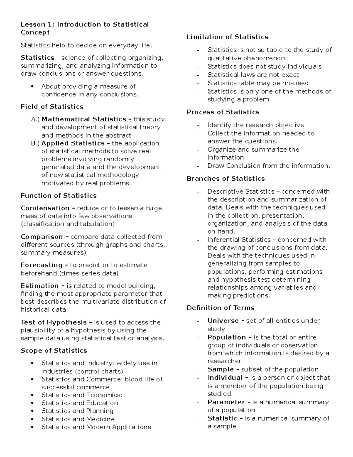 Stats Vid Lecture Notes Lesson 1 Introduction To Statistical Concept Statistics Help To