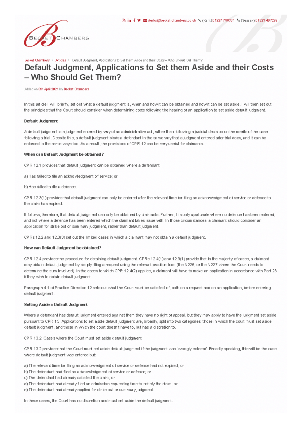 Default Judgment, Applications to Set them Aside and their Costs – Who Should Get Them - Becket ...