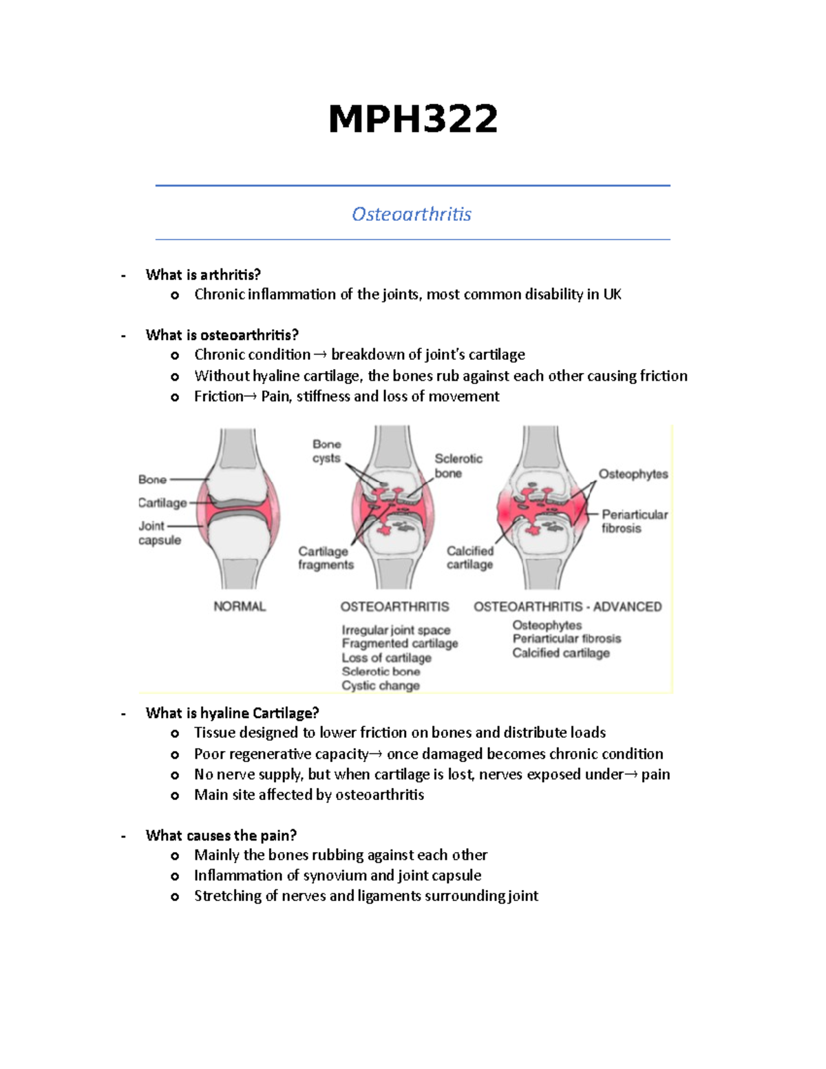 MPH322 notes - MPH Osteoarthritis What is arthritis? o Chronic ...