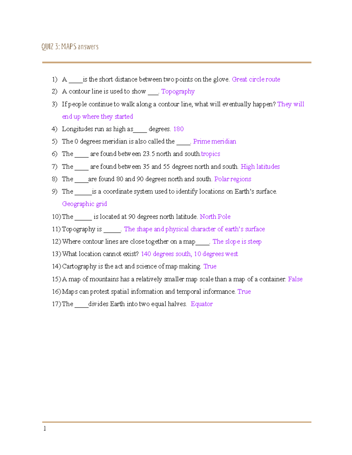 Quiz 3 Maps answers - QUIZ 3: MAPS answers A ____is the short distance between two points on the ...