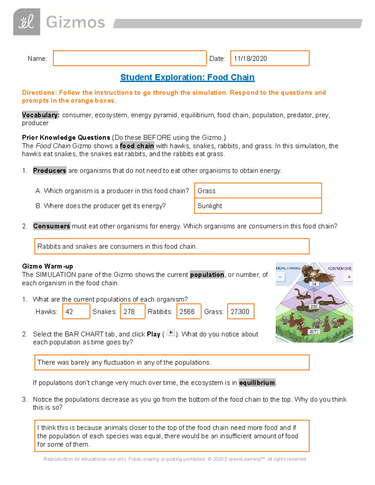 Gizmo Food Chain SE - Name: Date: 11/18/ Student Exploration: Food ...