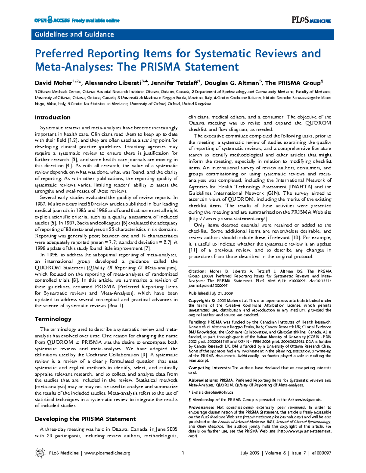 Prisma - 1 Guidelines and Guidance Preferred Reporting Items for ...