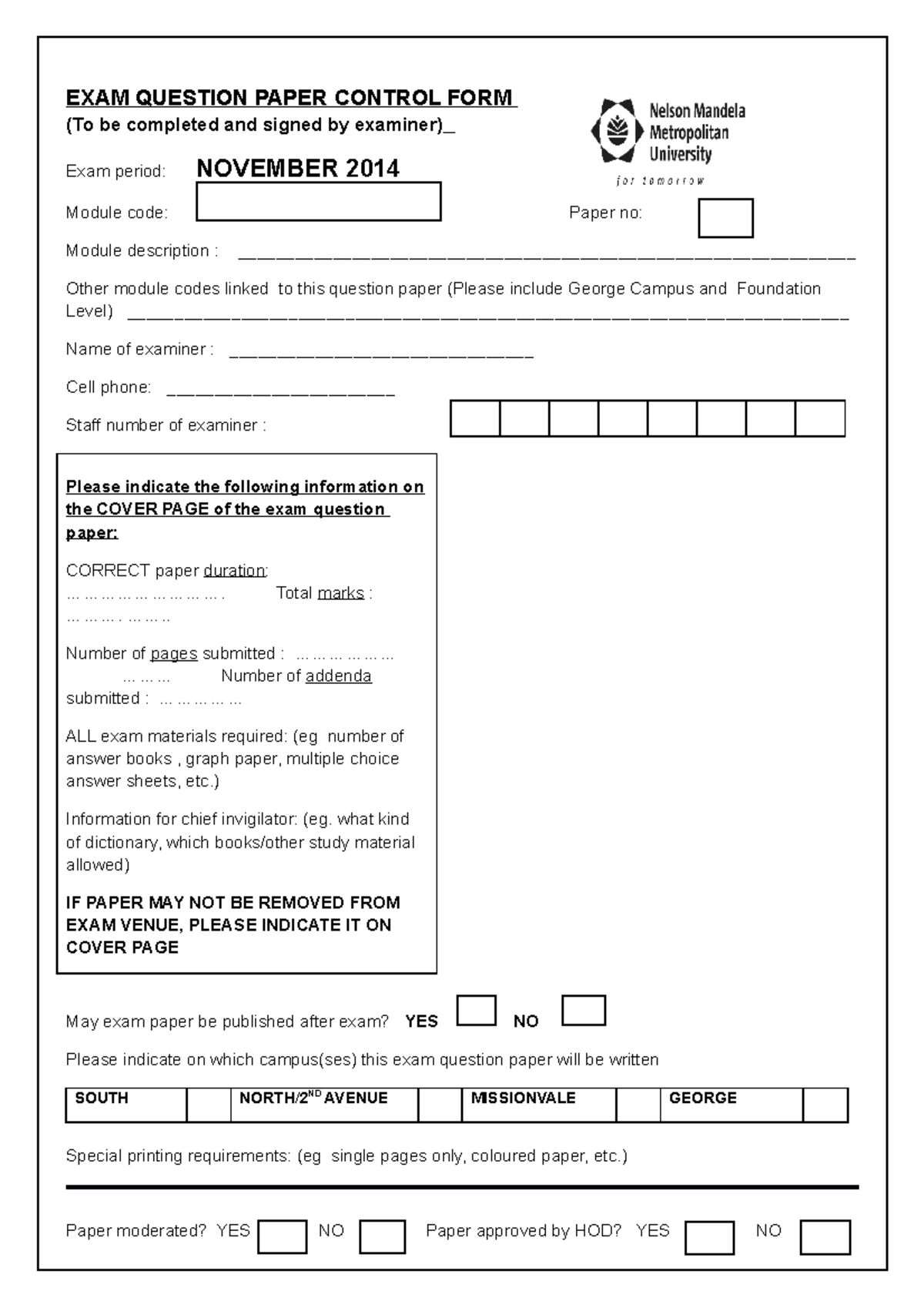 Exam 5 November 2014, questions - EXAM QUESTION PAPER CONTROL FORM (To ...