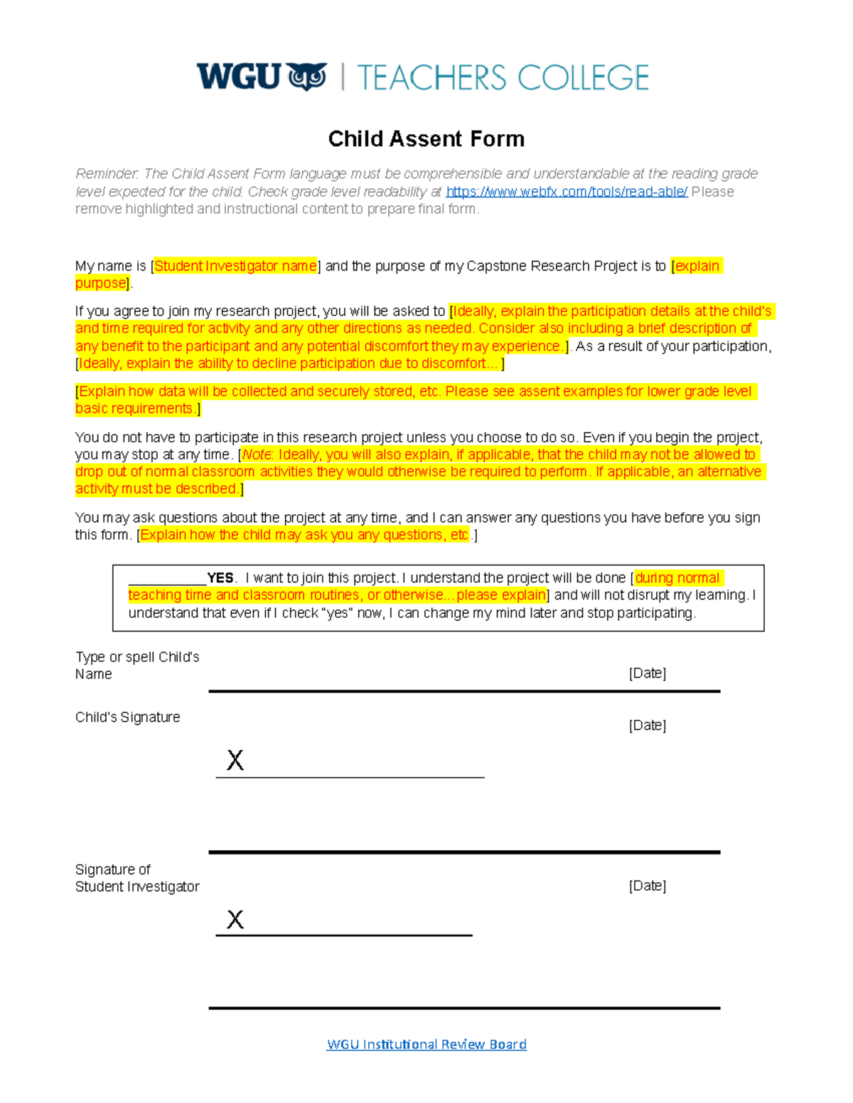 TC Exempt Research Child Assent Form - Child Assent Form Reminder: The ...