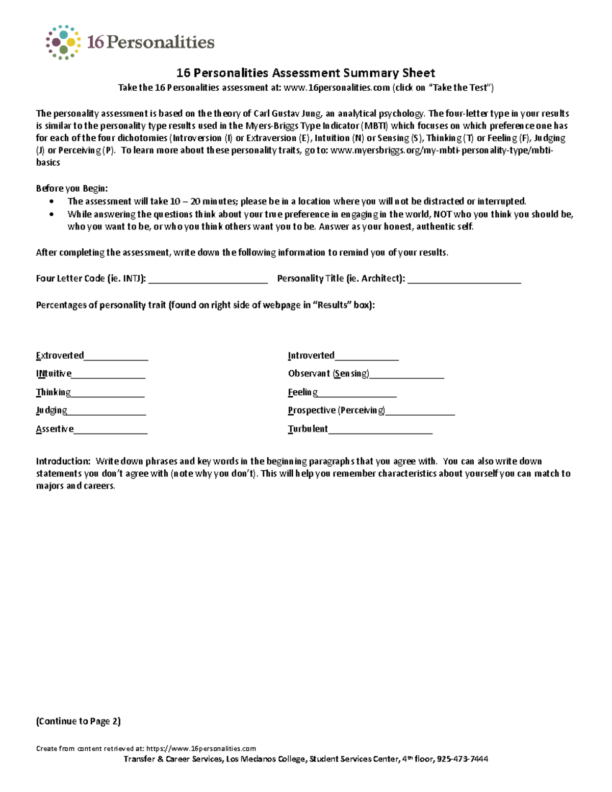 16Personalities Assessment Summary Sheet - The four-letter type in your ...