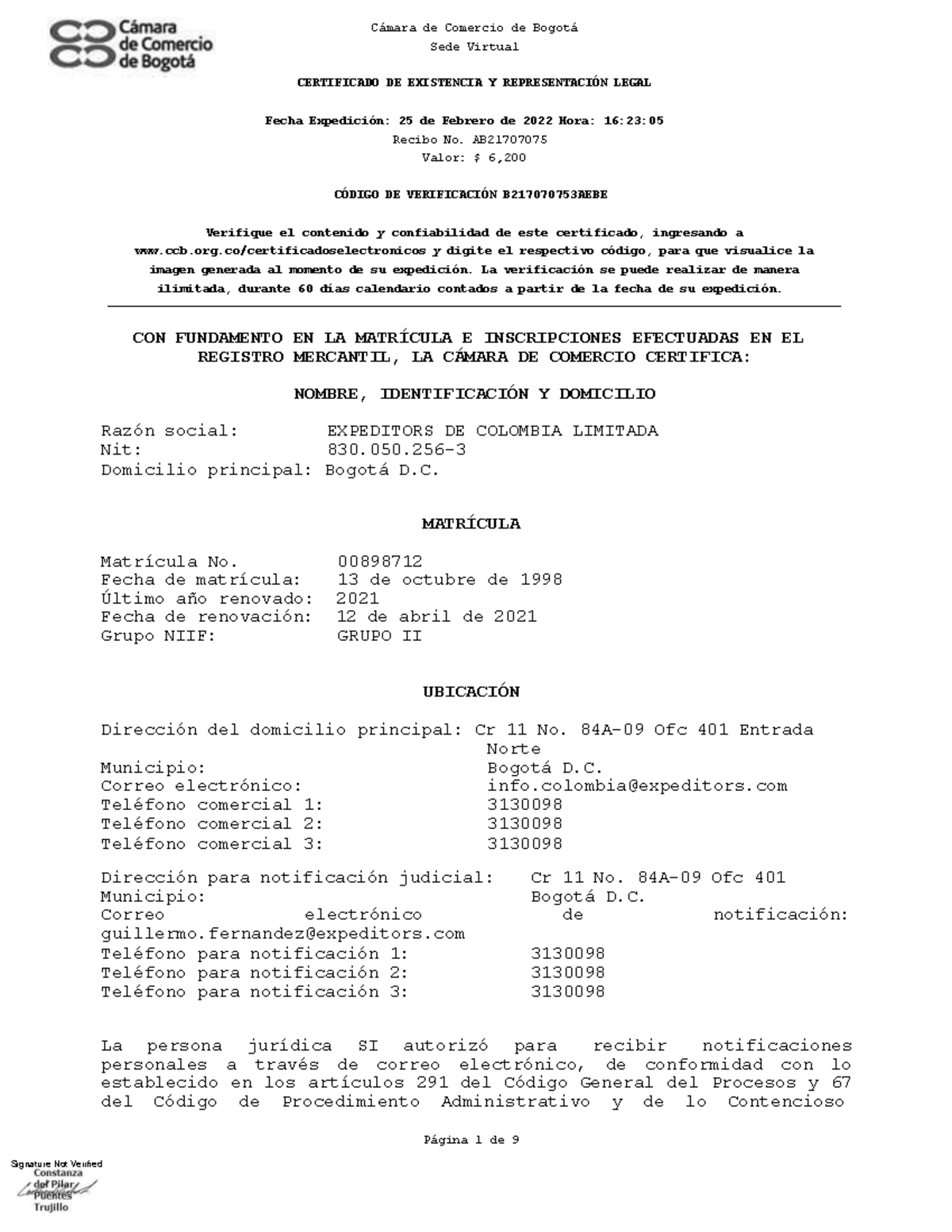 Camara de comercio Expeditors DE Colombia - Sede Virtual CERTIFICADO DE EXISTENCIA Y ...