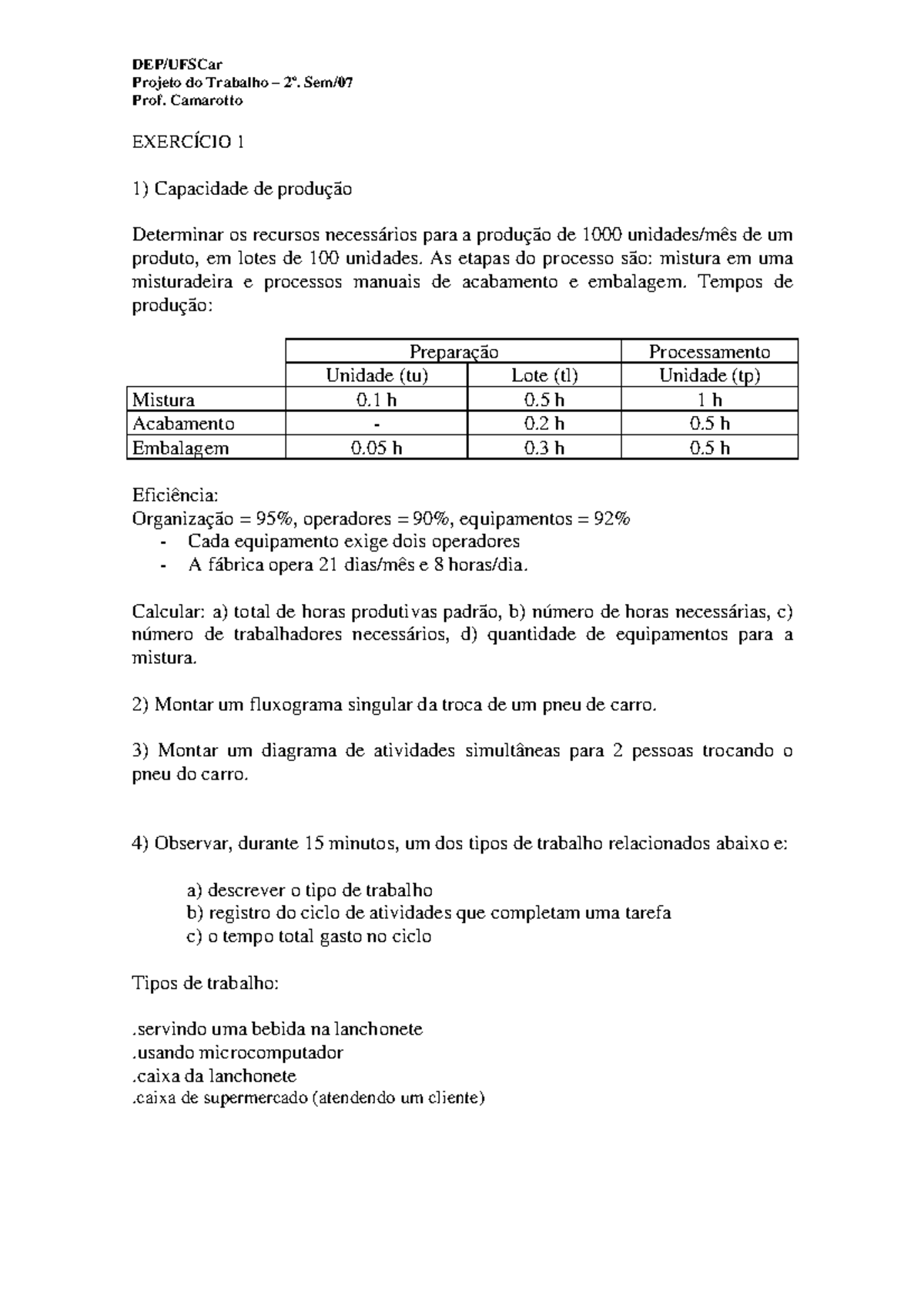 Exercicio Capacidade - DEP/UFSCar Projeto do Trabalho – 2º. Sem/ Prof ...