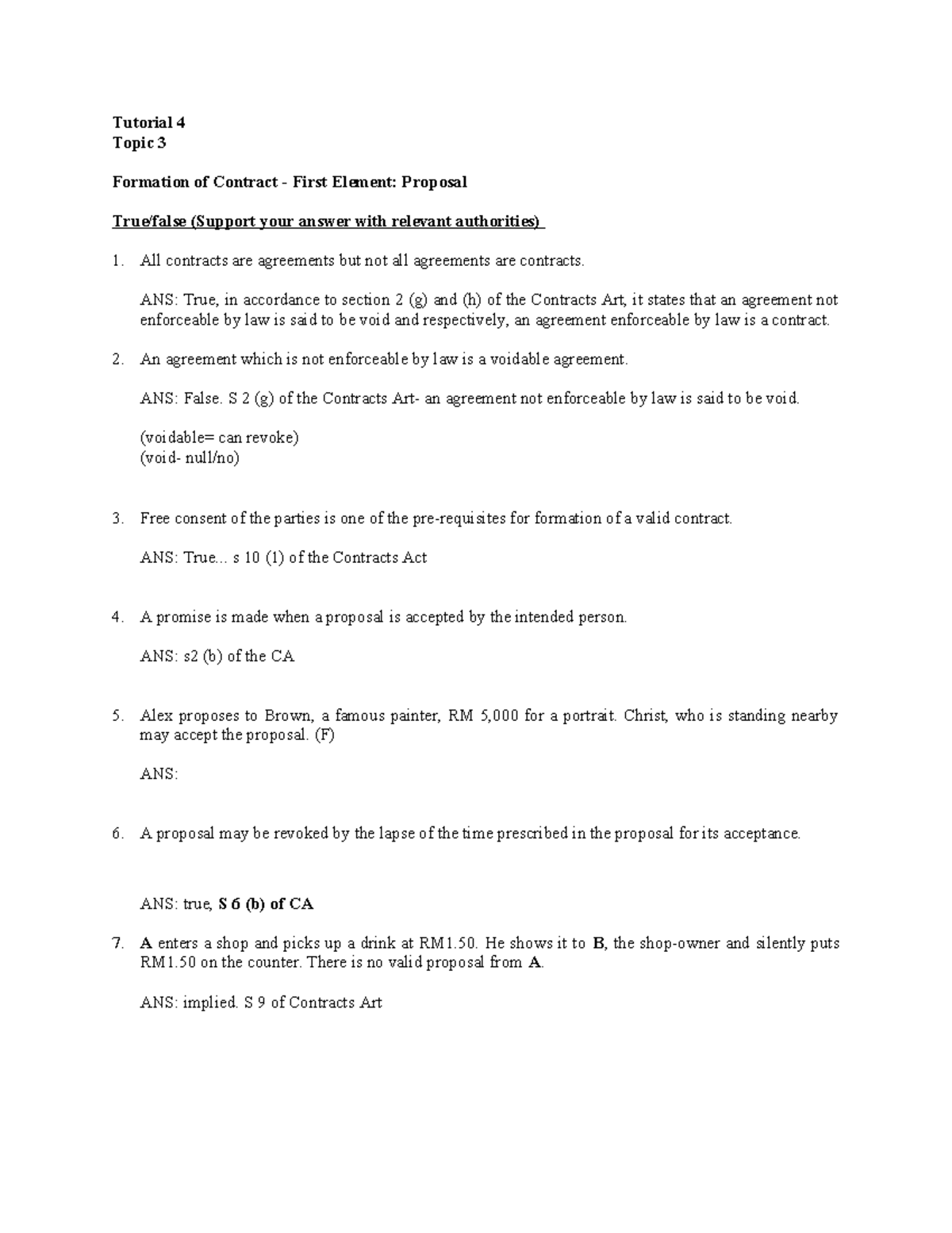 TUT 4 - Topic 3 (PART A) 1 - tutorial question - Tutorial 4 Topic 3 Formation of Contract ...