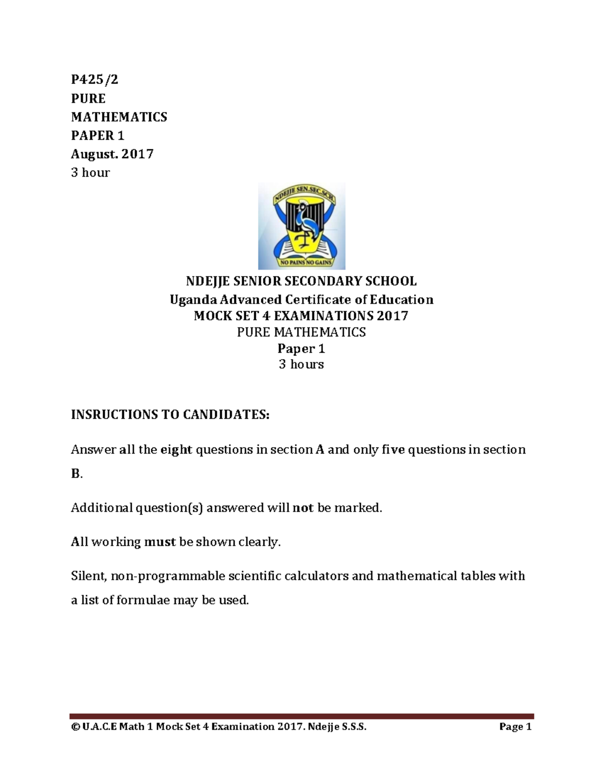 S6 Uacepure Mathematics MOCK Ndejje SSS Question Paper AND Marking ...