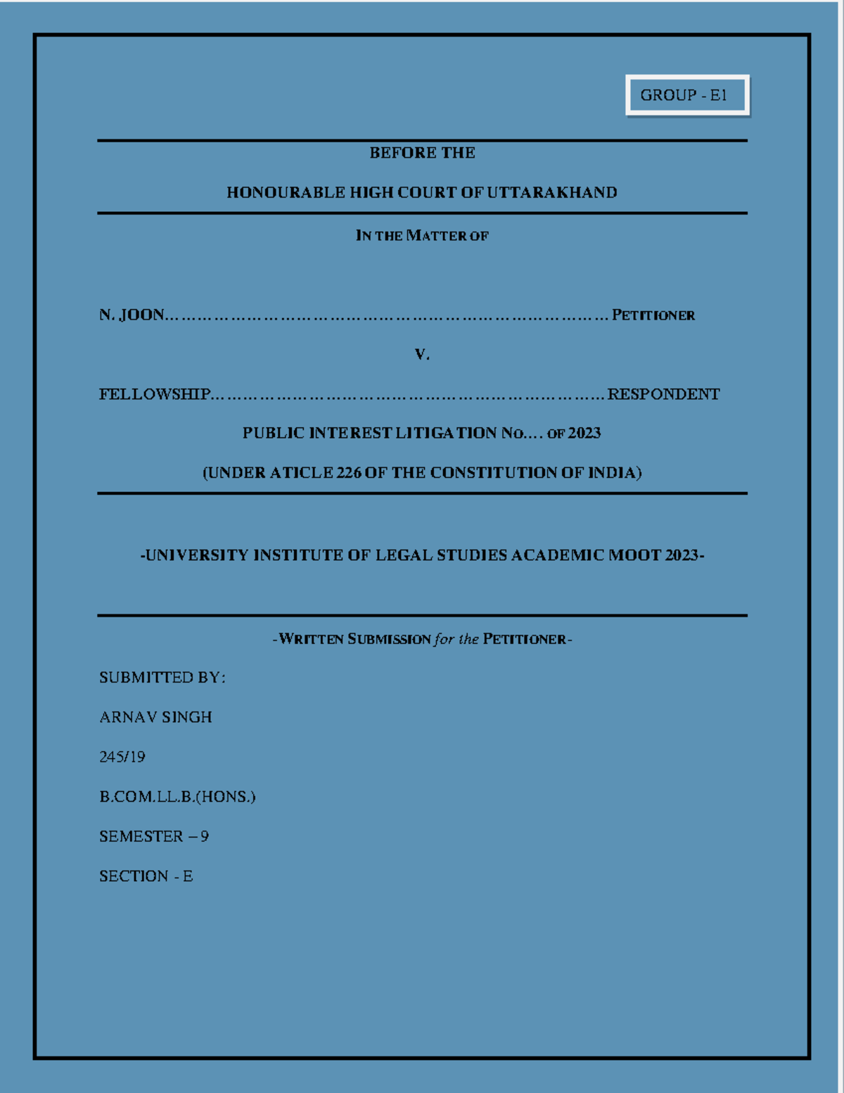 Arnav 245 MOOT - moot memorial - 3 BEFORE THE HONOURABLE HIGH COURT OF ...