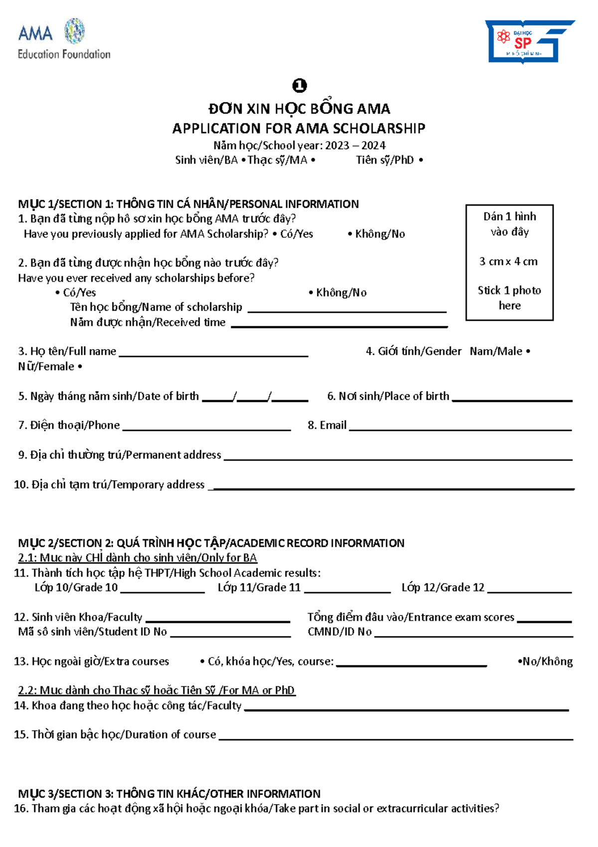 1. AMA Application Form - Đ ƠN XIN H ỌC B ỔNG AMA APPLICATION FOR AMA ...