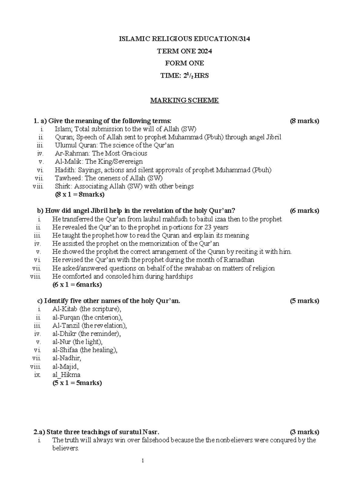 Form 1 I.R.E - Marking Scheme - ISLAMIC RELIGIOUS EDUCATION/ TERM ONE ...