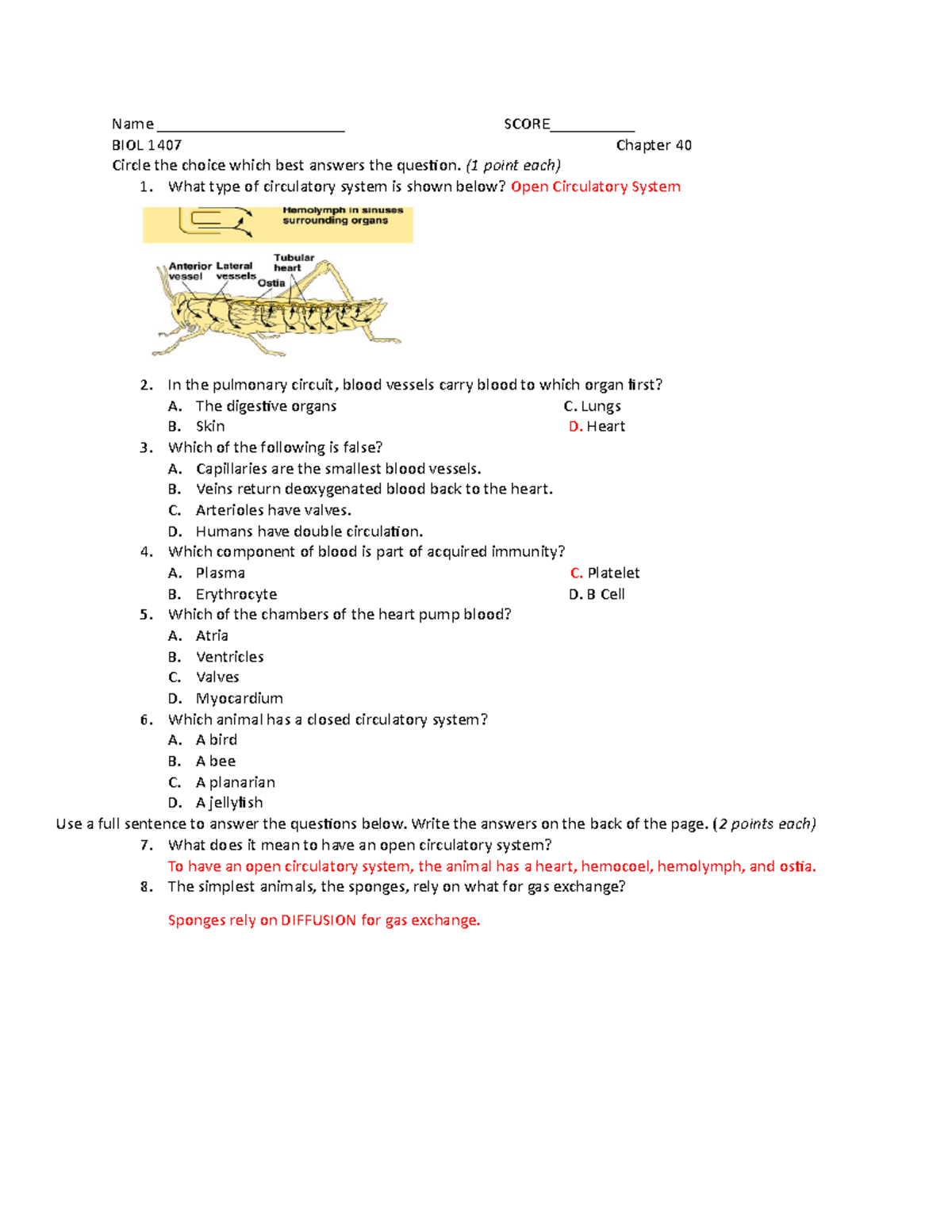 Circulatory quiz - Name ______________________ SCORE__________ BIOL ...