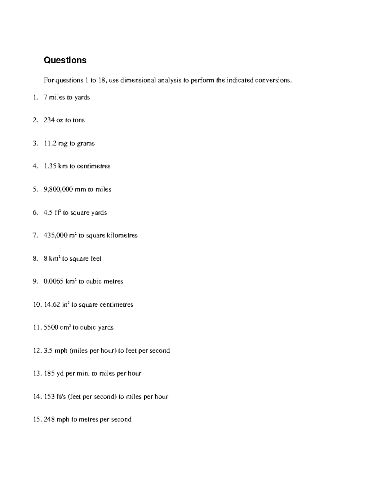 Conversion - Units - Questions For questions 1 to 18, use dimensional ...