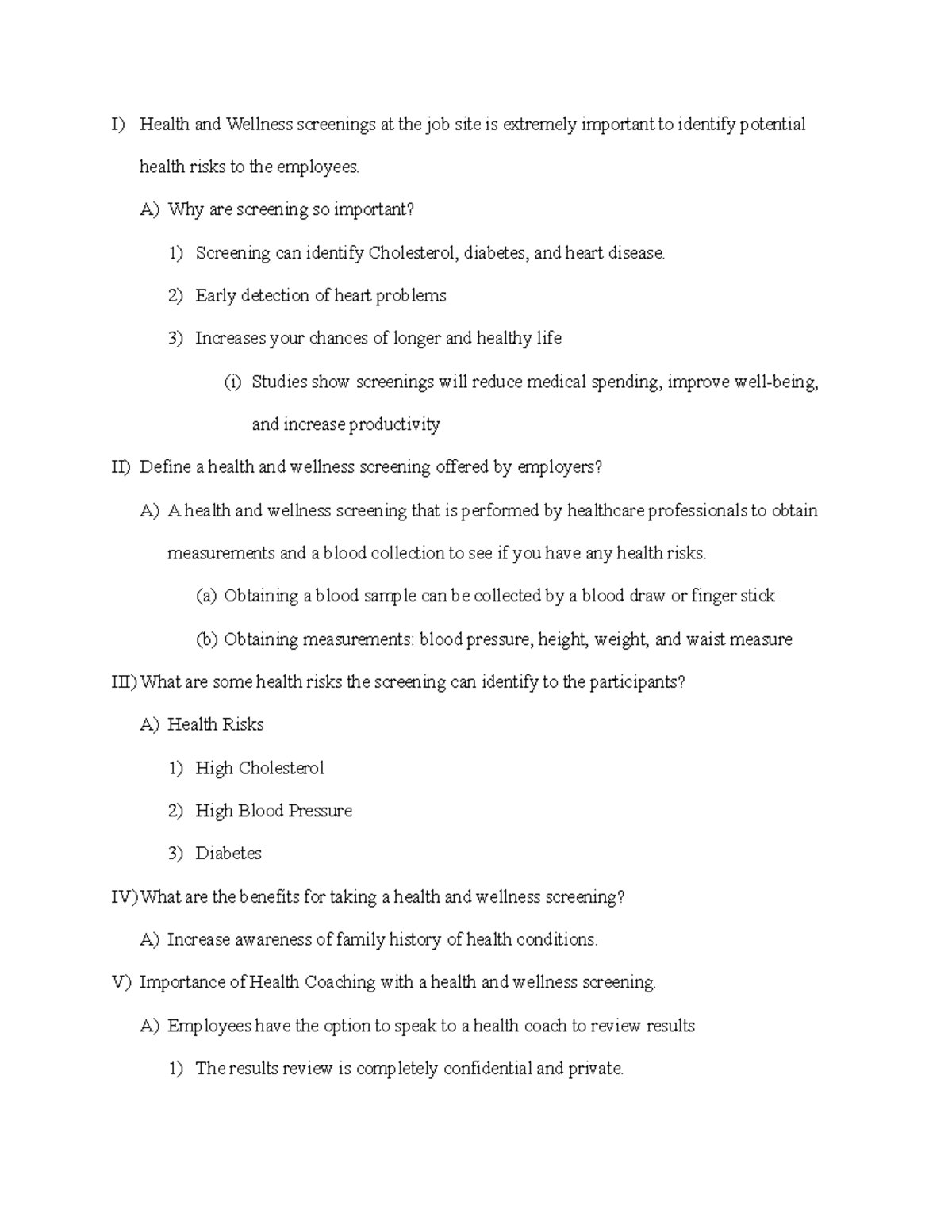 Week 4 outline assignment - I) Health and Wellness screenings at the ...