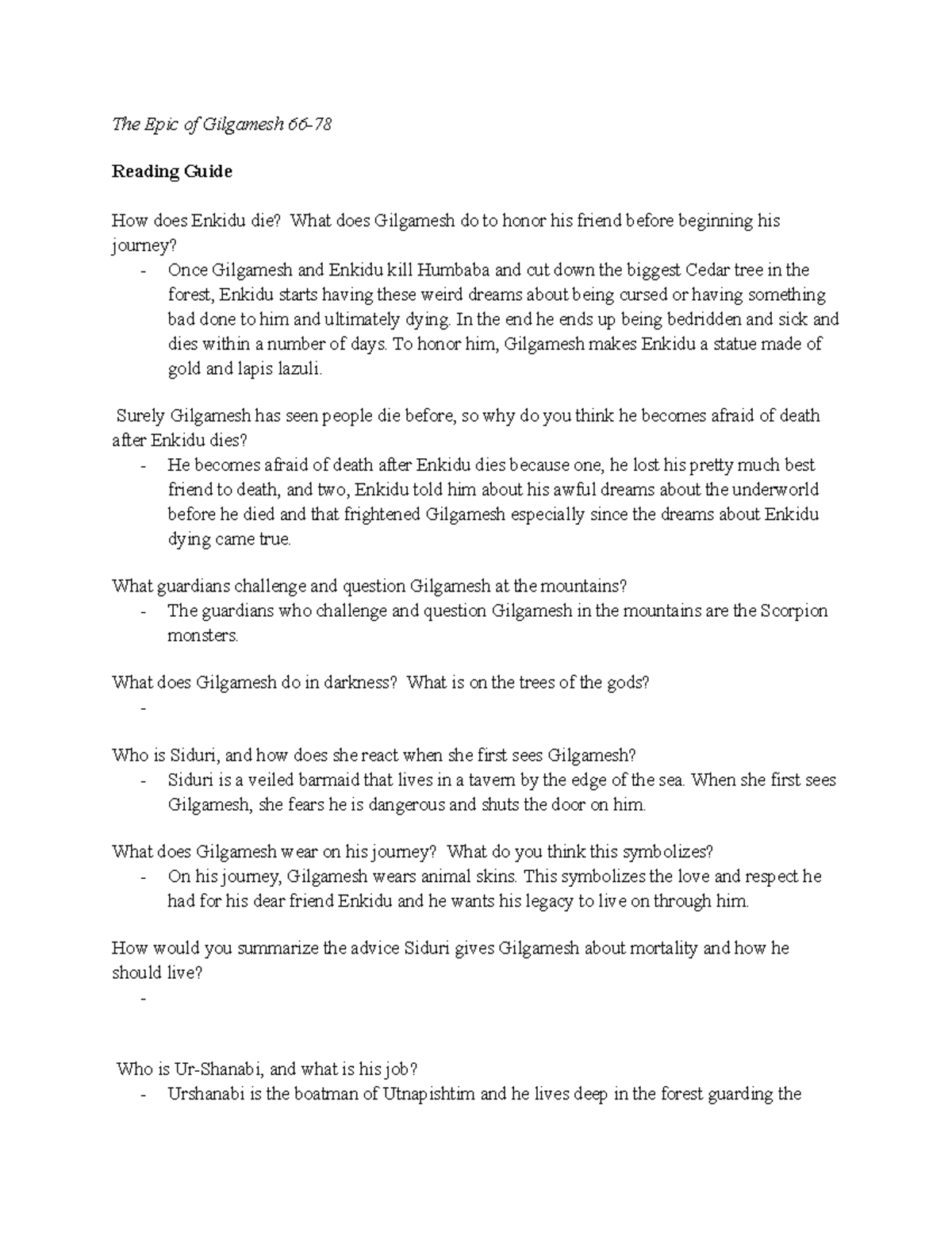 Gilgamesh Reading Guide - The Epic of Gilgamesh 66- Reading Guide How ...