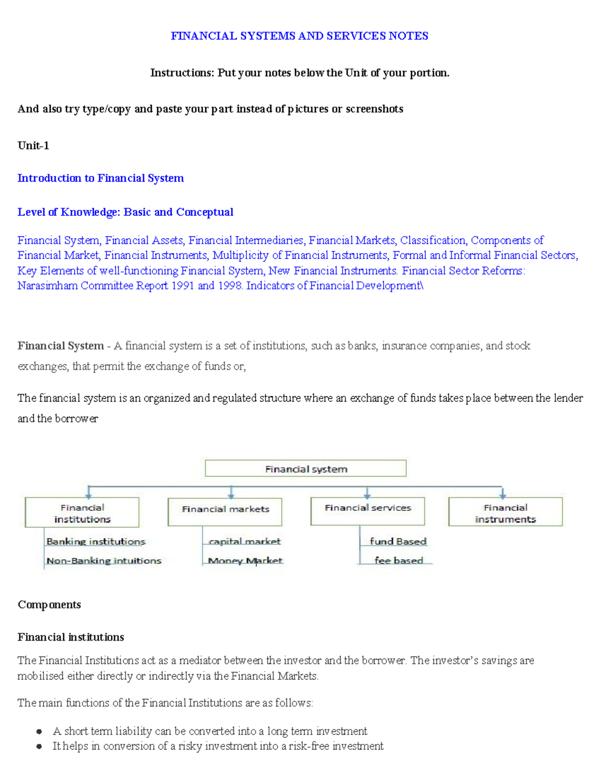 FSS Notes - FINANCIAL SYSTEMS AND SERVICES NOTES Instructions: Put your ...