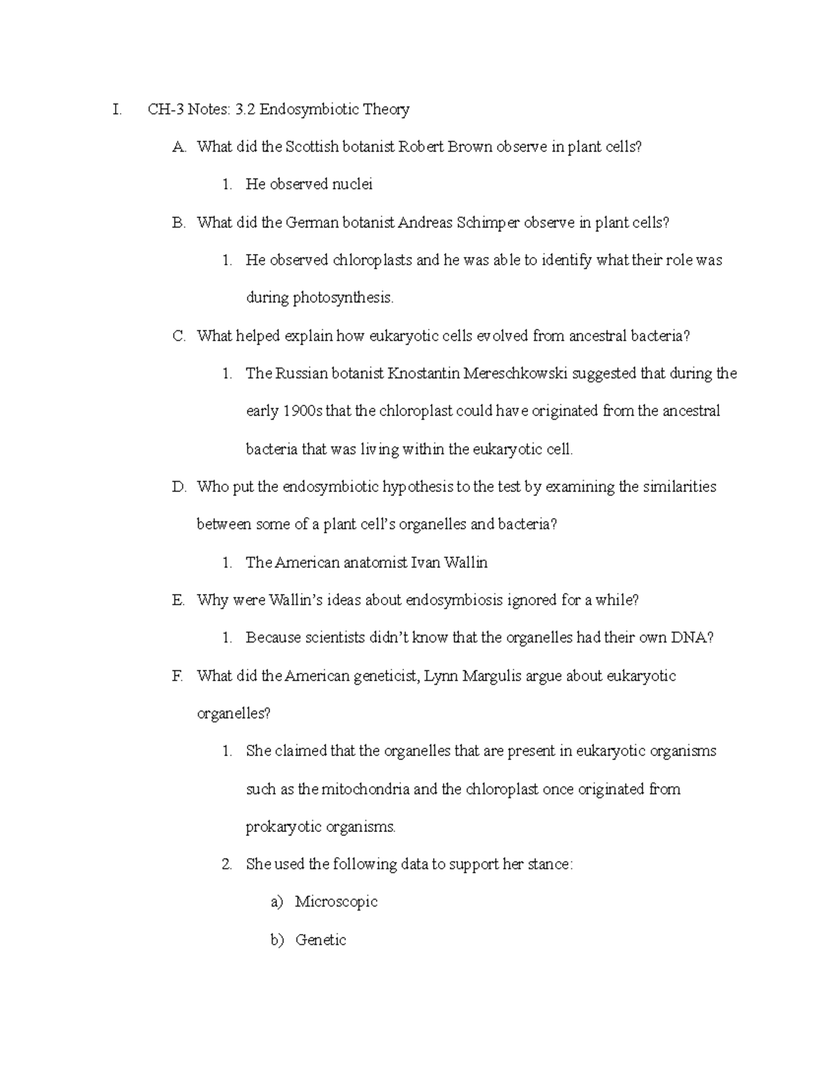 BIO 2280 CH-3 Notes The Cell 3.2 Endosymbiotic Theory - I. CH-3 Notes ...
