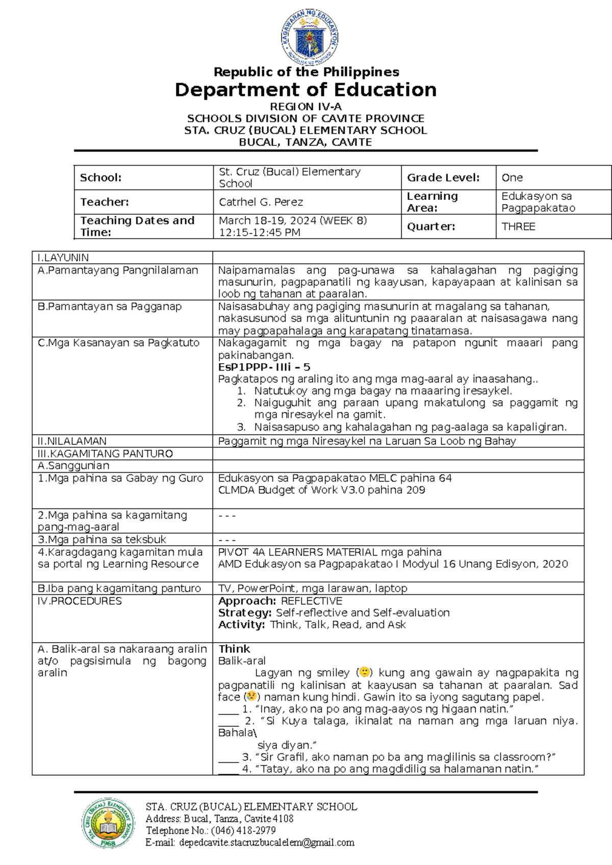 Q3-WEEK-8-ESP 1 - Lesson plan for grade 1 in ESP. - STA. CRUZ (BUCAL ...
