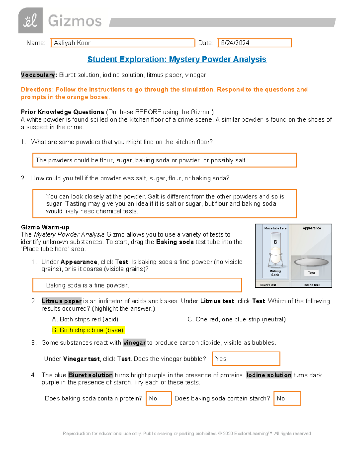 Mystery Powder SE - Name: Aaliyah Koon Date: 6/24/ Student Exploration ...