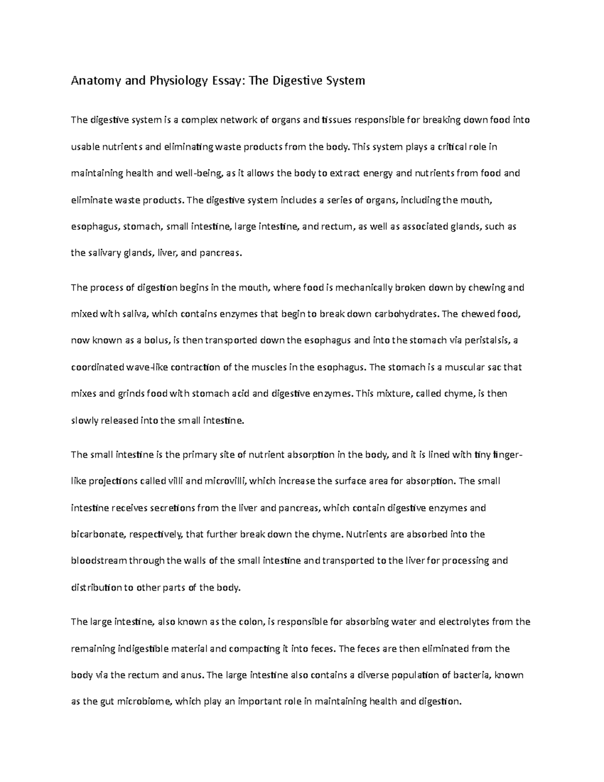 Anatomy and Physiology Essay Digestive System - Anatomy and Physiology ...