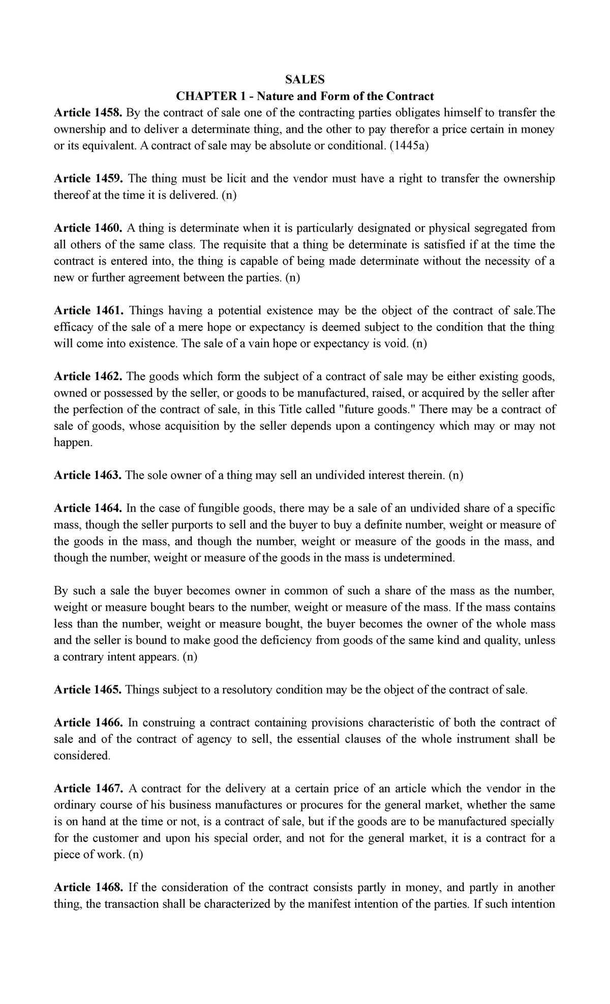 Sales - SALES CHAPTER 1 - Nature and Form of the Contract Article 1458 ...