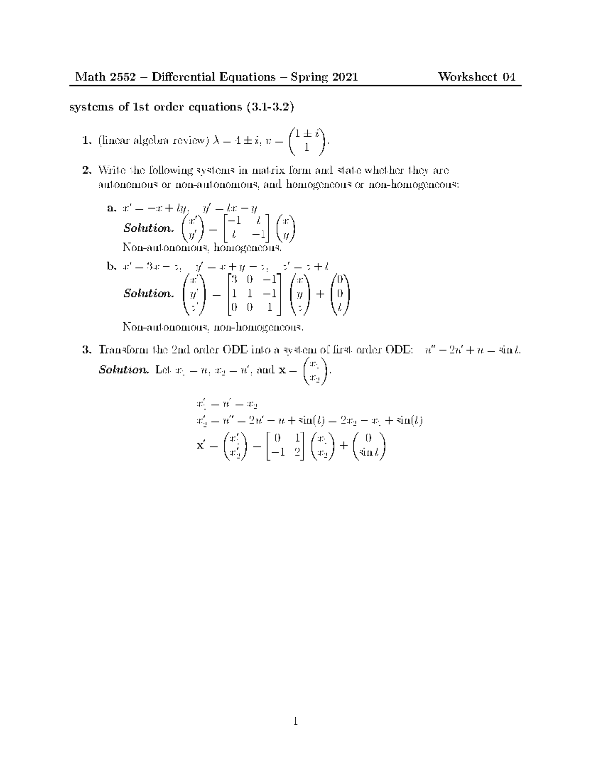 W04 sol - Solutions to Recitation Worksheet 4 - Math 2552 – Differential Equations – Spring 2021 ...