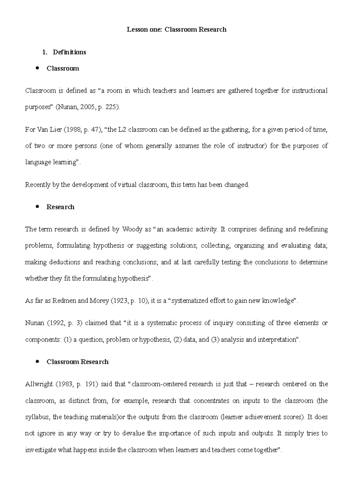 Lesson one classroom research - Lesson one: Classroom Research ...