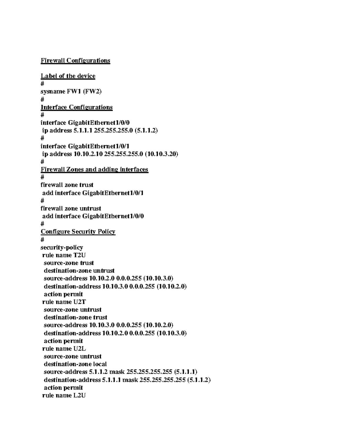 Firewall Configurations - Firewall Configurations Label of the device ...